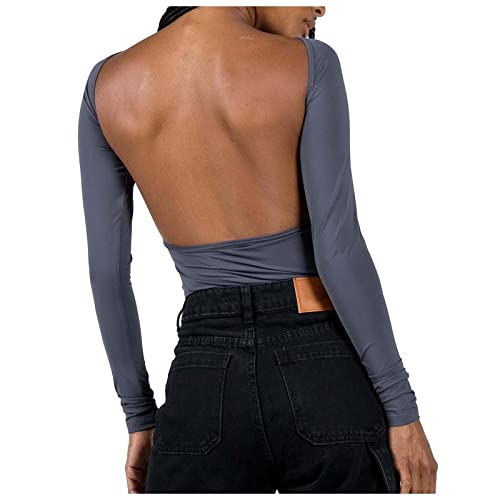 Women's Y2Ks Skinnys Long Sleeve Crop Tops Tight T-Shirts Layer Tee Tops Y2Ks Athletic Yoga Spring Pullover Shirts Grey