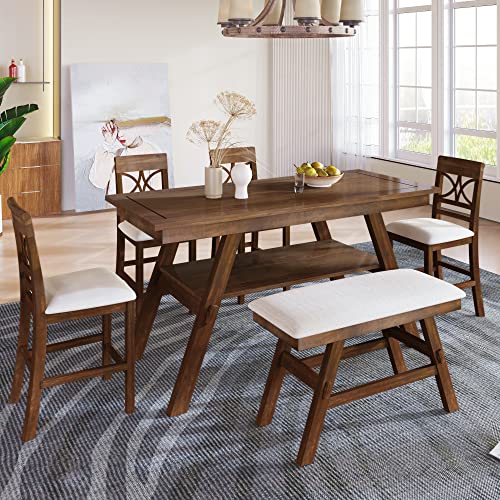 Prohon 6-Piece Rectangular Table with 4 Chairs and Bench, Classic Highly Comfortable Backrest, Solid Wood Dining Furniture Set for Kitchen/Living Room/Apartments, Walnut+Beige