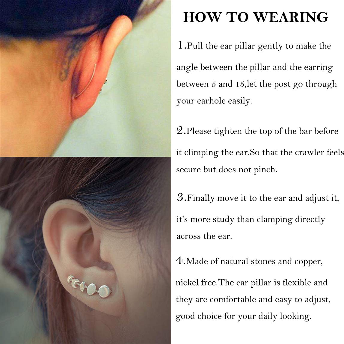 Statemet Earrings Moon Phase Ear Climbers Moonstone Simulated Opal Moon Earrings Rose Gold Plated Earrings for Women