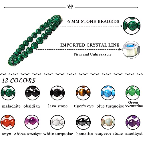 WAINIS 12Pcs 6mm Gemstone Beaded Bracelets for Women Tiny Crushed Stone Crystal Bracelet Beaded Couples Stretch Unisex Stretch Bracelets Jewelry