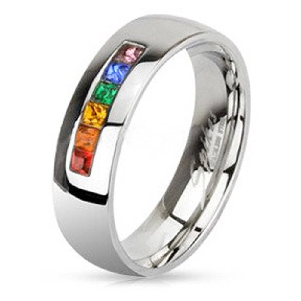 Rainbow String Smooth Round Top Ring - Gay & Lesbian Pride Stainless Steel (Wedding Marriage or Engagement Band w/CZ Stones). LGBT Pride (8)