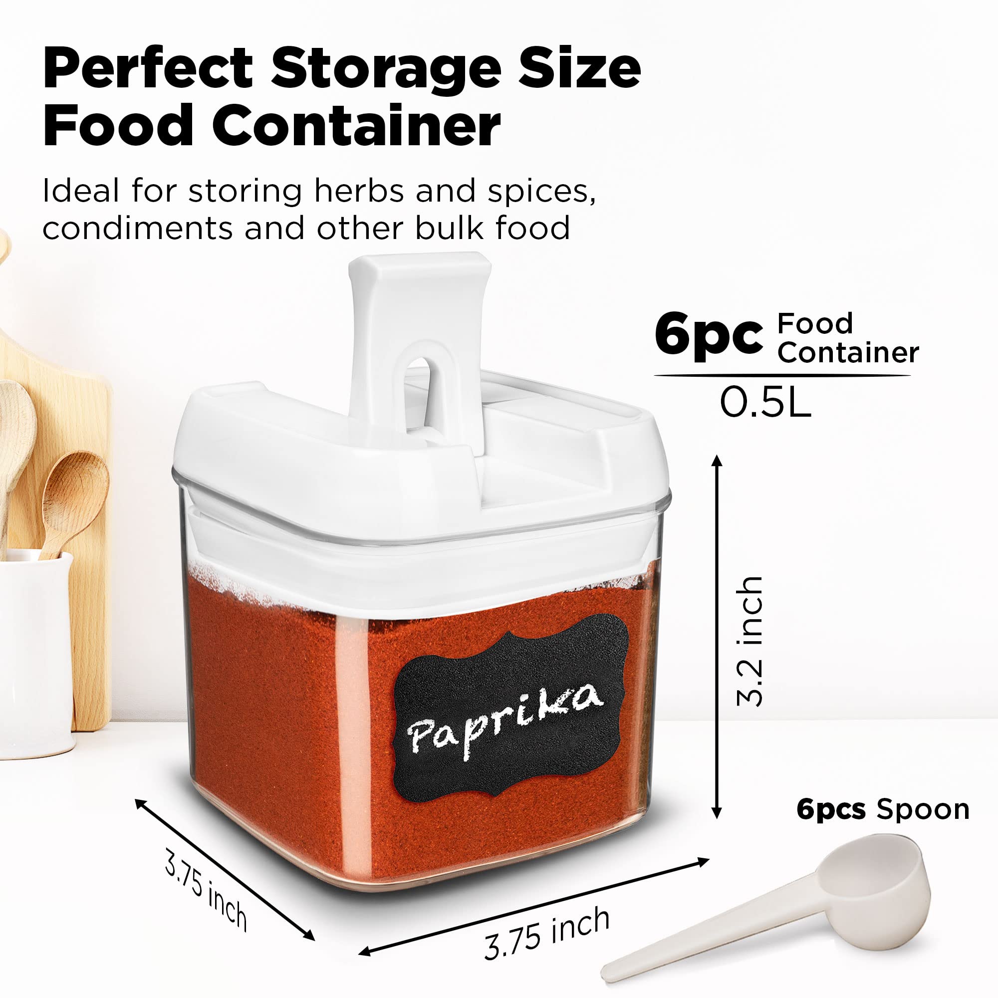 Shazo Airtight 6 Pc Spice Containers Set + 6 Spoons - Durable Clear Plastic Food Storage Containers with Lids - Kitchen Cabinet Pantry Organization for Spices, Herbs, Coffee, Tea etc