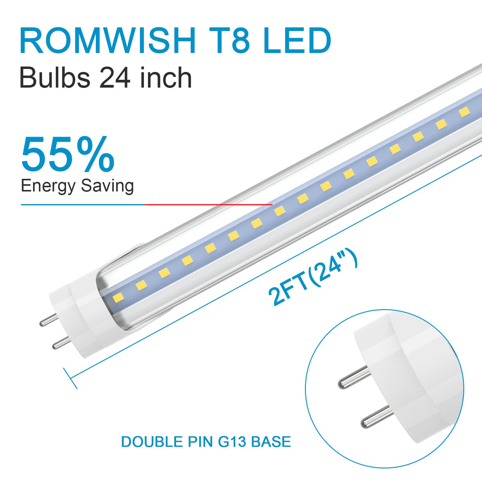 Romwish 2FT LED Tube Light, T8 T10 T12 Type B LED Light Bulb, 10W(24W Equiv.), 5000K Daylight, 1120LM, 24 Inch F20T12 Fluorescent Replacement, Remove Ballast, Double-Ended Power, Clear Cover, 4 Pack