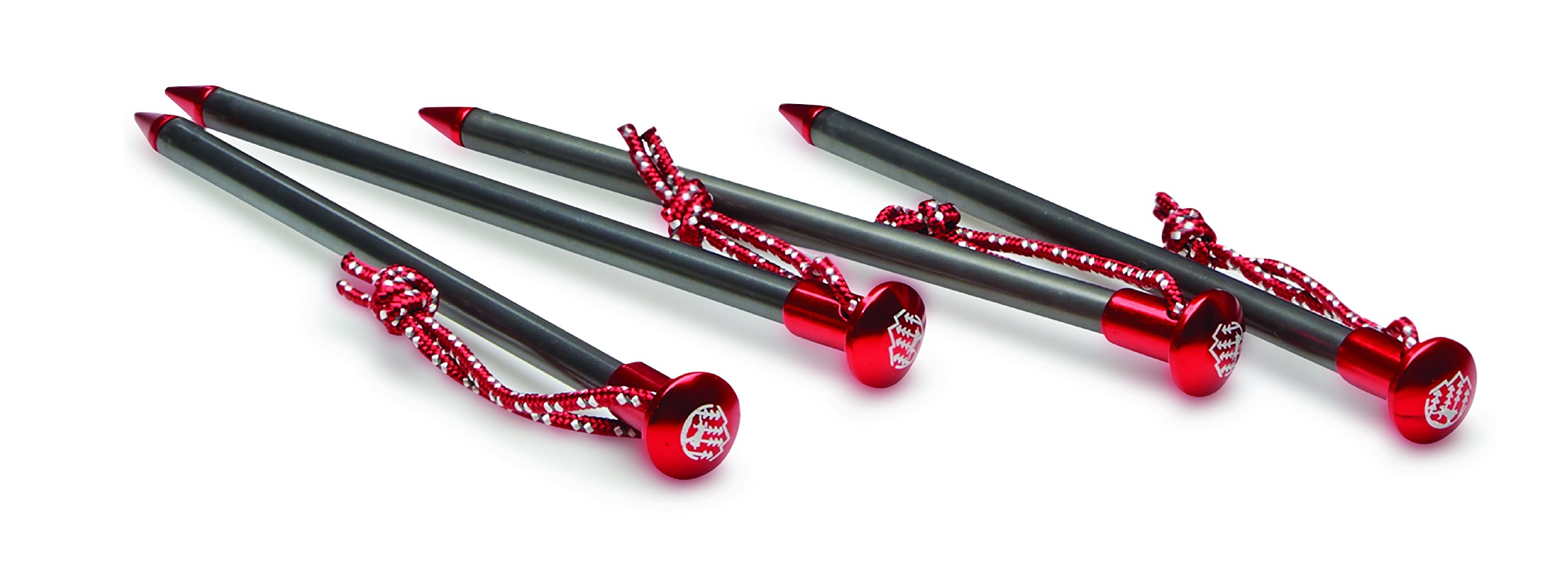 StayPut! Aero 7075 Lightweight Aluminum Anchor Peg Tent Stakes with Reflective Pull Cords for Hammock Camping and Backpacking (4-Pack, Titanium Gray & Red)