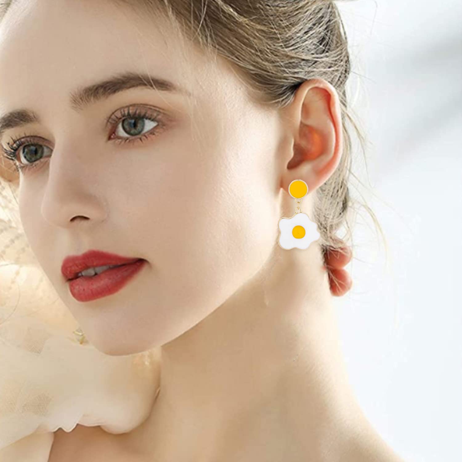 TIANBANGSHI Chic Funny 18k Gold Plated Enamel Fried Egg Stud Earring Cute Poached Egg Dangle Drop Earrings for Women Lover Kitchen Cooking Statement Jewelry Gifts (poached egg)