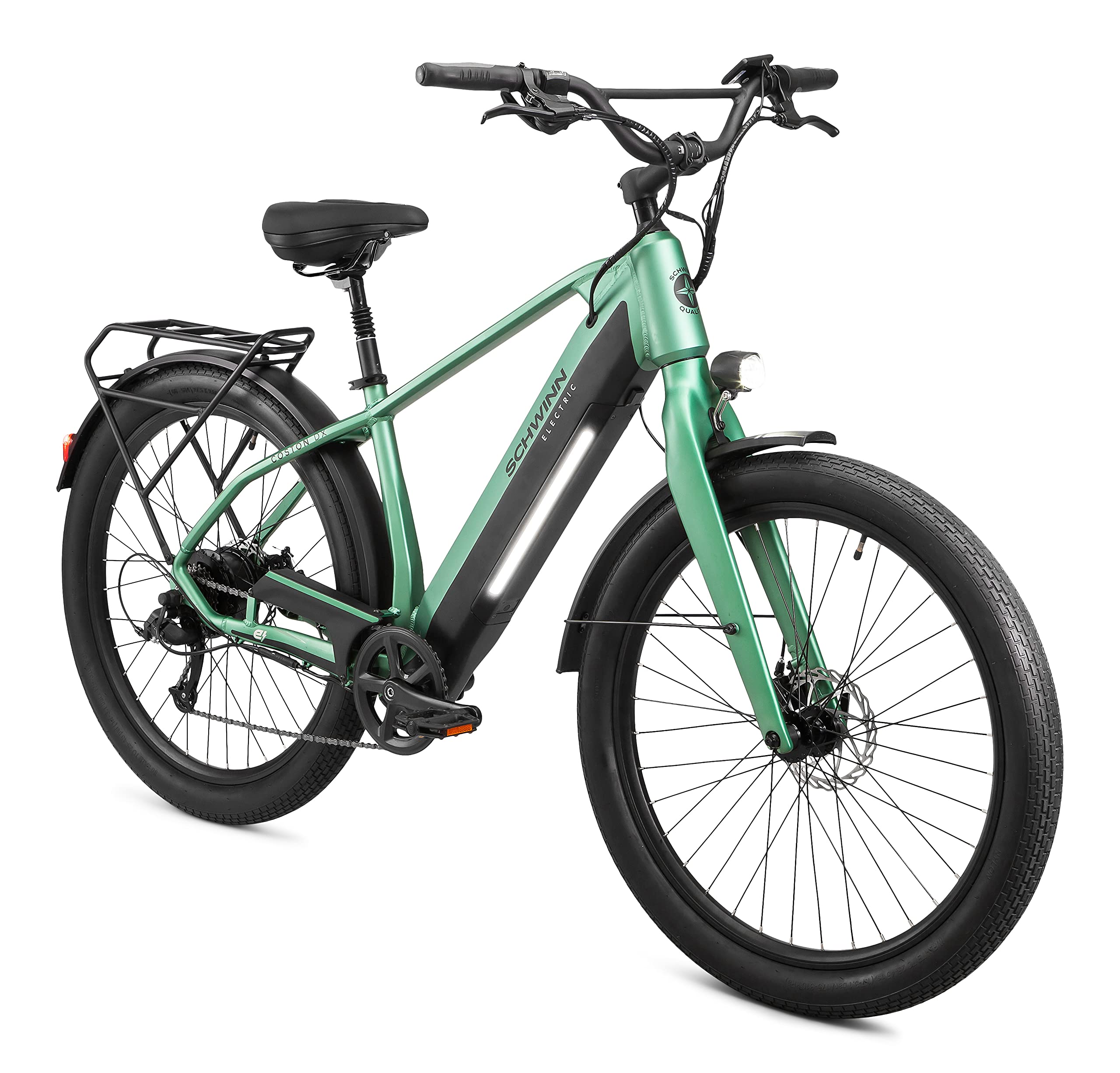 Schwinn Coston DX Hybrid Electric Bike for Adults, 20MPH eBike, Up to 45 miles on a Single Charge, 27.5-Inch Wheels, 7-Speed, Large/X-Large Step-Over Frame, Matte Green