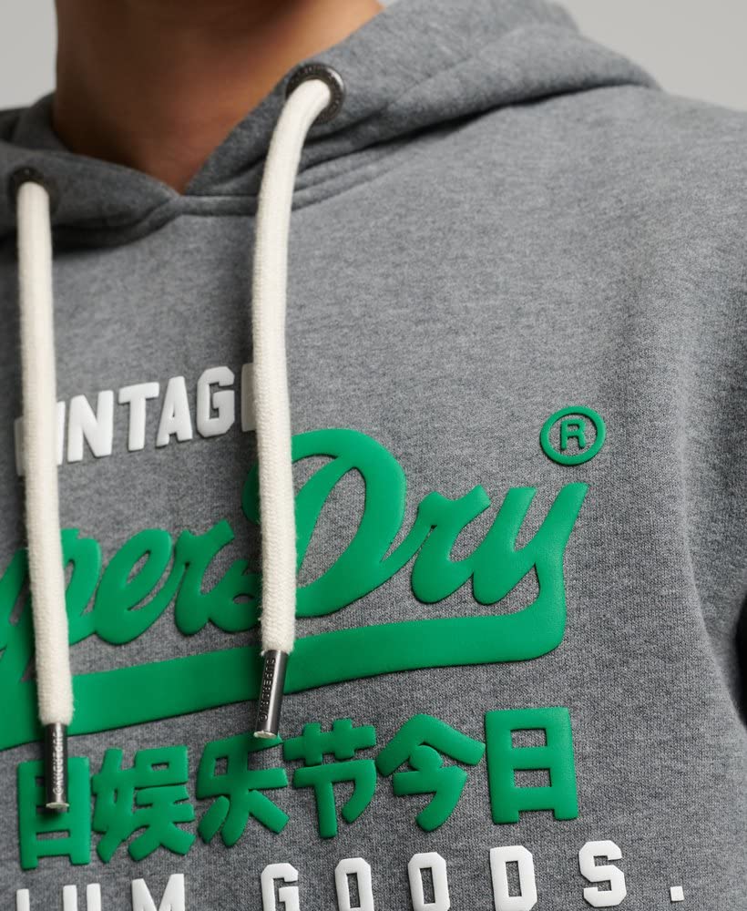 Superdry Mens Vintage Logo Classic Hoodie, Relaxed Fit, Front Pocket Rich Charcoal Marl Size M