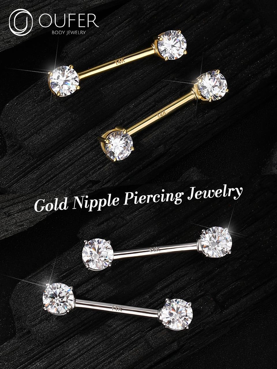 OUFER 2PCS Nipple Rings, 14K Solid Gold Nipple Piercing Jewelry, Clear CZ Nipple Piercing, 14G Nipple Barbells, Nipple Rings For Women Men