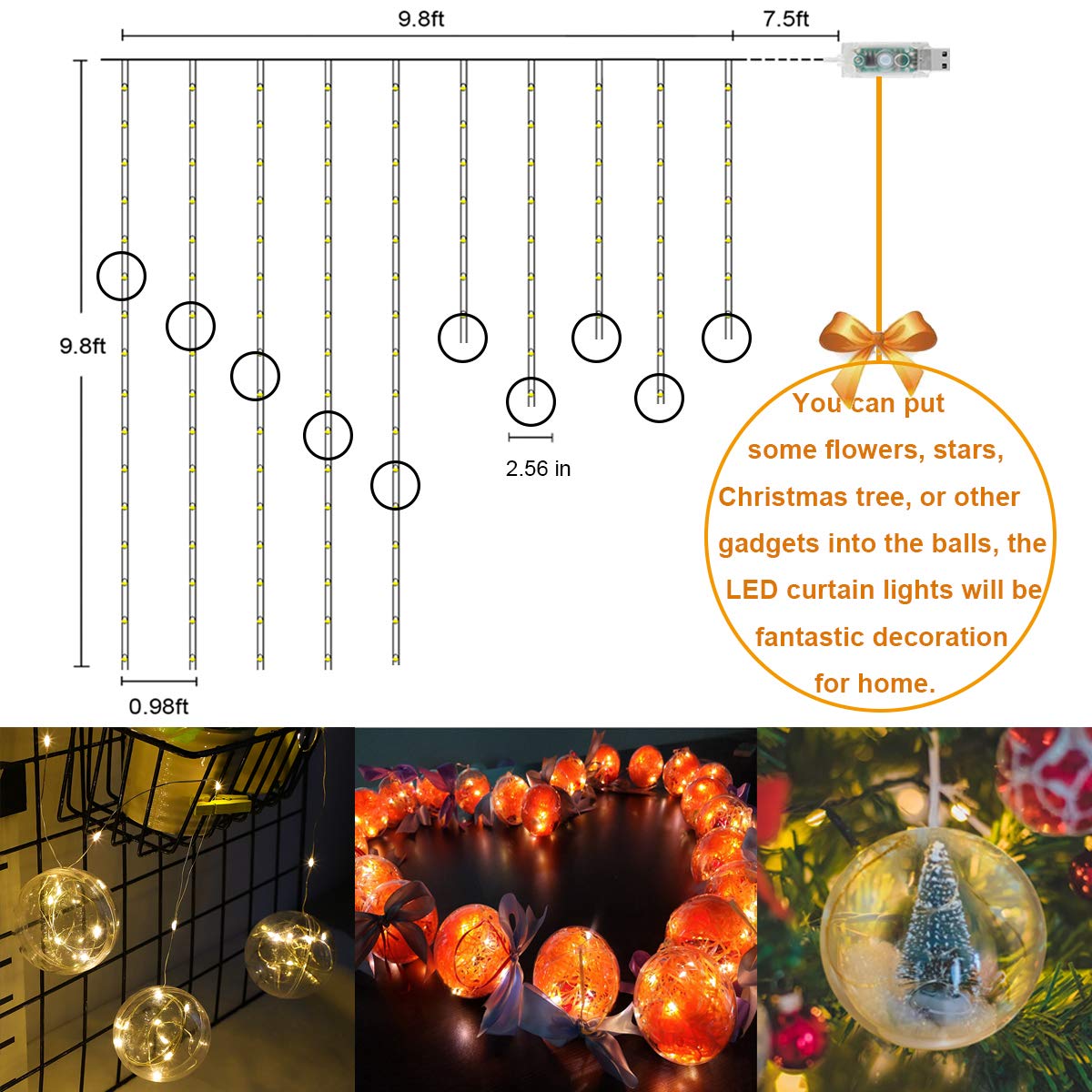SUPERNIGHT LED Curtain Lights with Crystal Ball, Globe Window Twinkle Fairy String Light Waterproof for Patio,Lawn,Garden,Wedding,DIY Christmas Tree Decoration (9.8 x 9.8 ft,8 Modes,Warm White)
