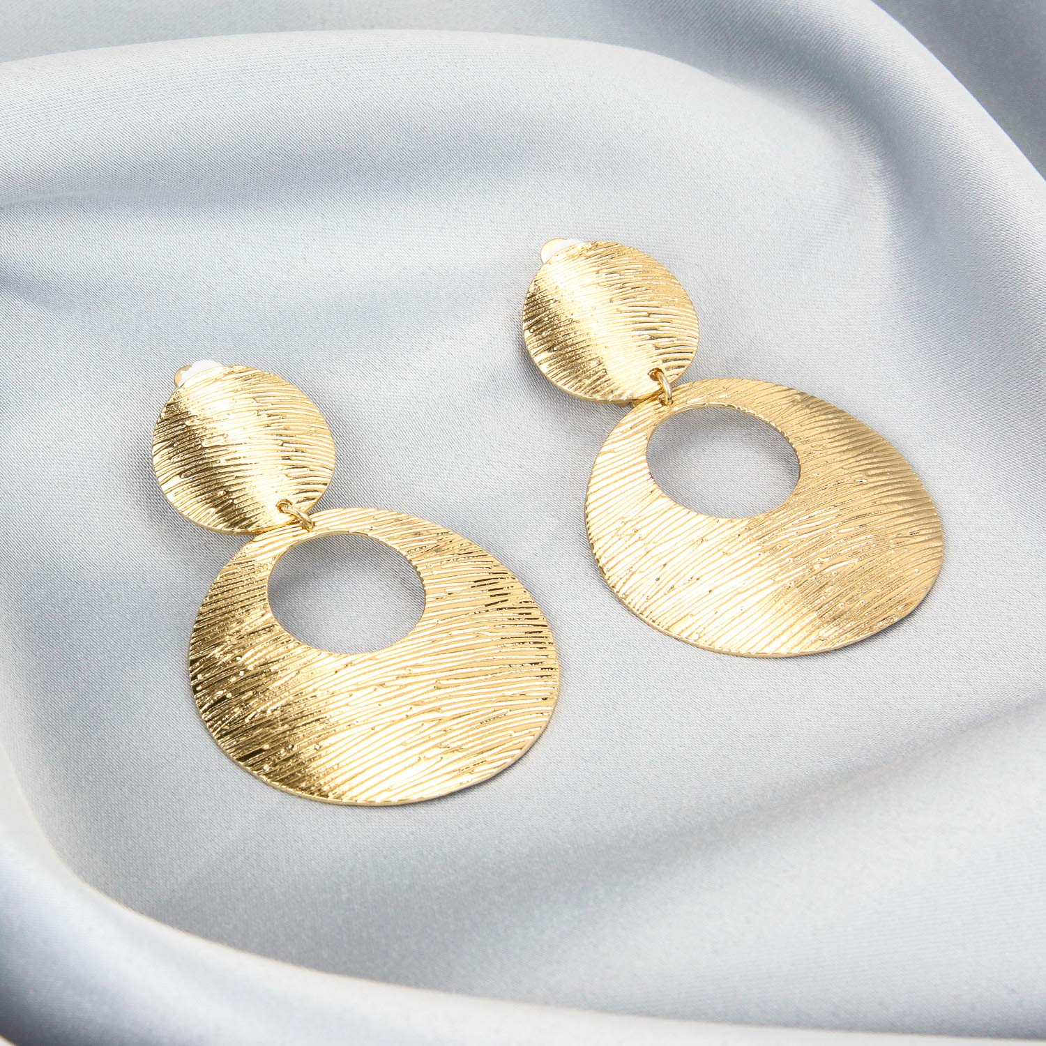 SP Sophia Collection Women's Classy Statement 2 Tiered Gold Etched Disc Hoop Dangle Clip On Earrings in Gold
