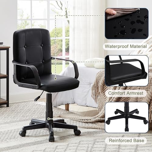 VECELO Executive Office Adjustable Height Casual Desk Chair with Armrests PU Leather Mid-Back 360 Degree Swivel with Wheels, Suit for Study, Work, Makeup, Leisure, Black, Set of 1
