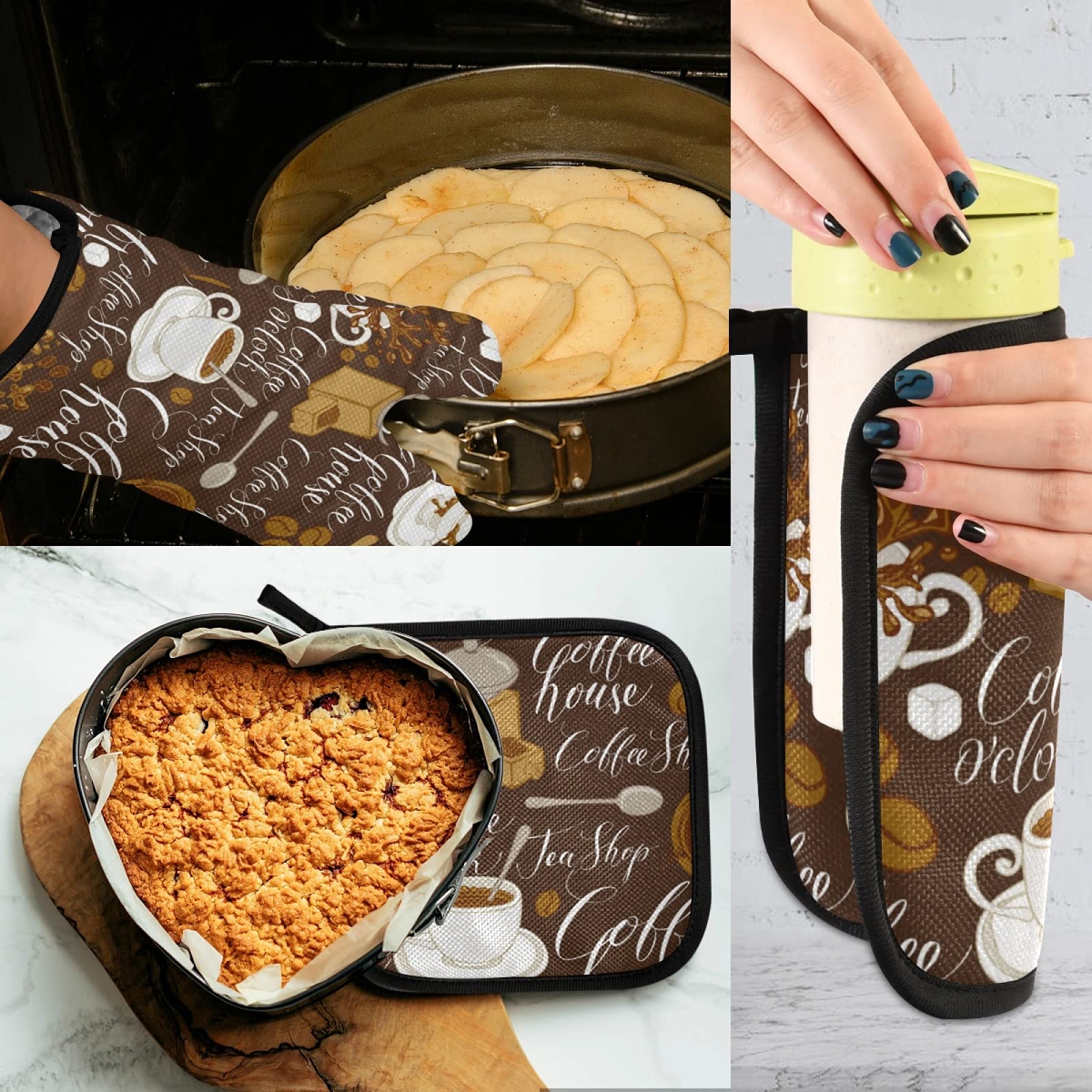 Tea Coffee Theme Pattern Oven Mitts and Pot Holders Sets Retro Style Hot Pads Heat Resistant Cooking Gloves Handling Kitchen Cookware Bakeware BBQ