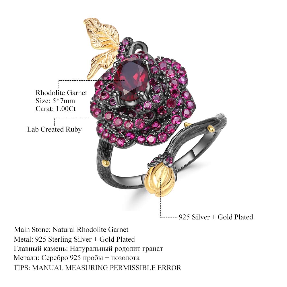 Qitian Rhodolite Garnet Sterling Silver Rings Rose Flower Adjustable Rings Genuine Black Birthstone Open Ring for Women Girls Handmade Adjustable Ring Rhodium Over Sterling Silver
