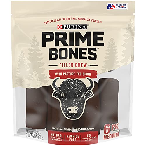 Purina Prime Bones Dog Bone, Made in USA Facilities, Natural Medium Dog Treats, Filled Chew With Pasture-Fed Bison - (4) 6 ct. Pouches