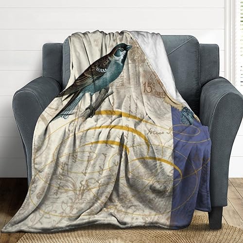 Plush Throw Blanket Vintage Birds Postage Stamp Soft Cozy Blanket Flannel Blankets All-Season for Sofa Couch Bed, 60" X 80"