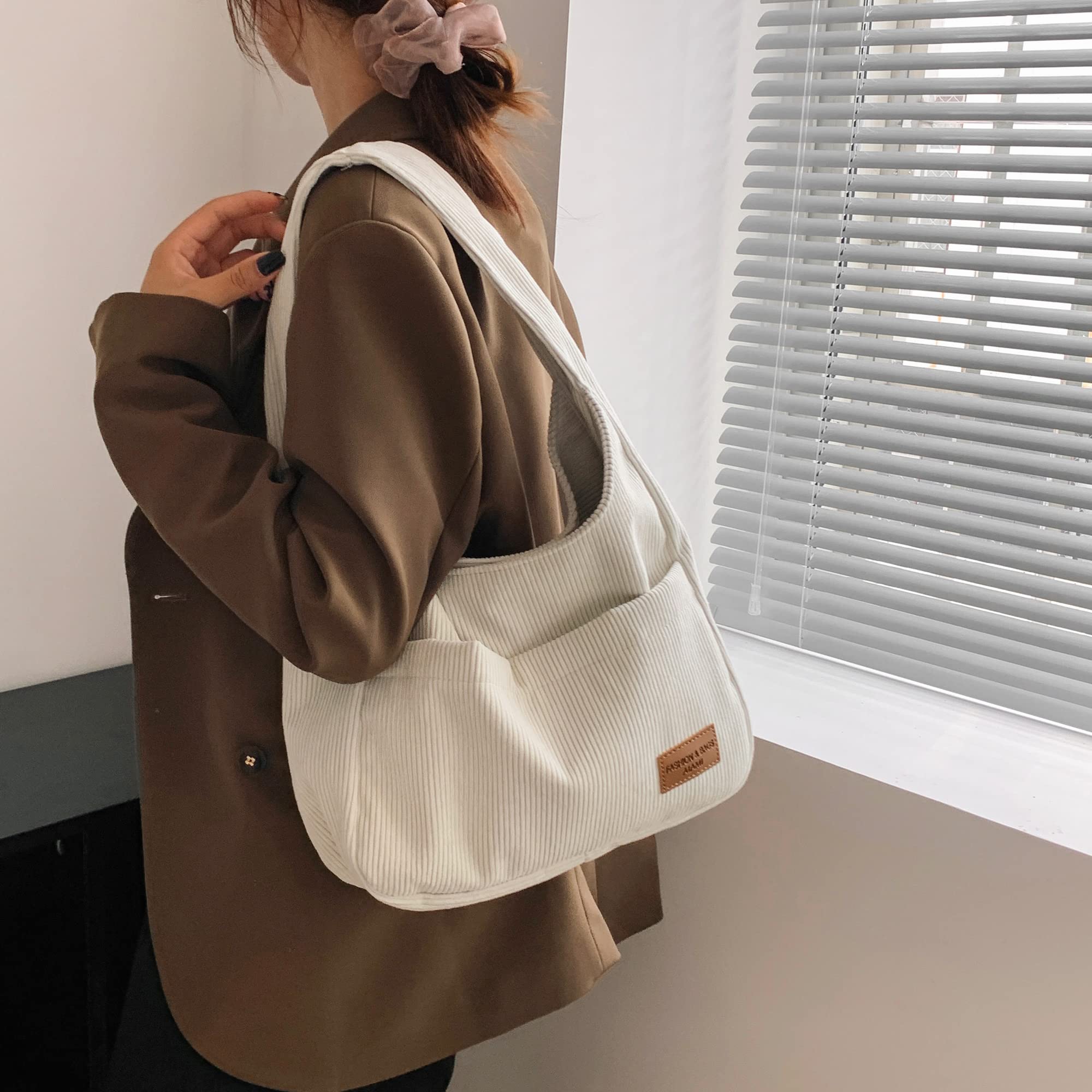 Women Corduroy Tote Bag Casual Shoulder Bag Big Capacity Hobo Bag Handbag Purse with Pockets (White)
