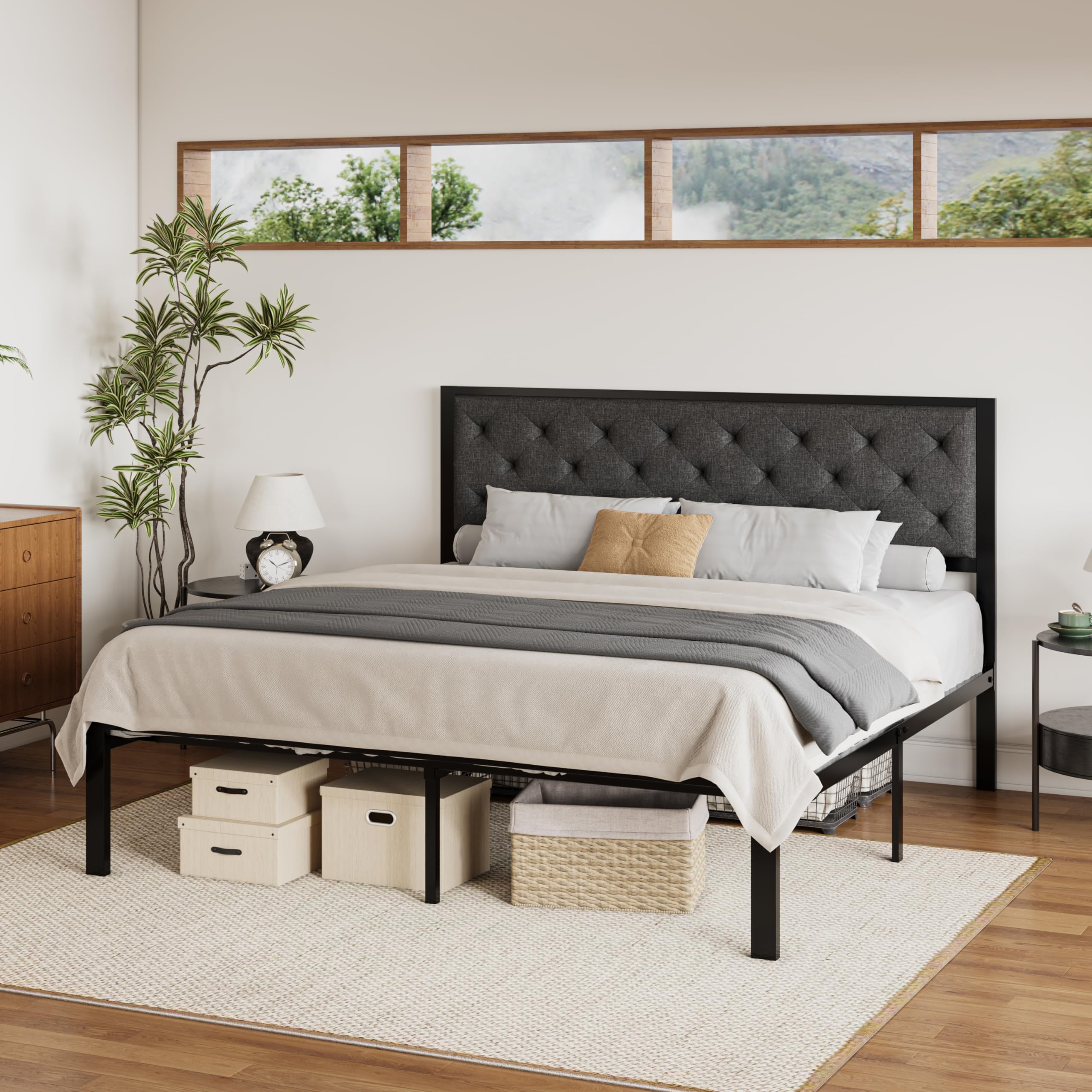 SHA CERLIN King Size Metal Platform Bed Frame with Linen Fabric Upholstered Button Tufted Headboard, Mattress Foundation with 12.4β Storage, No Box Spring Needed, Easy Assembly, Dark Grey