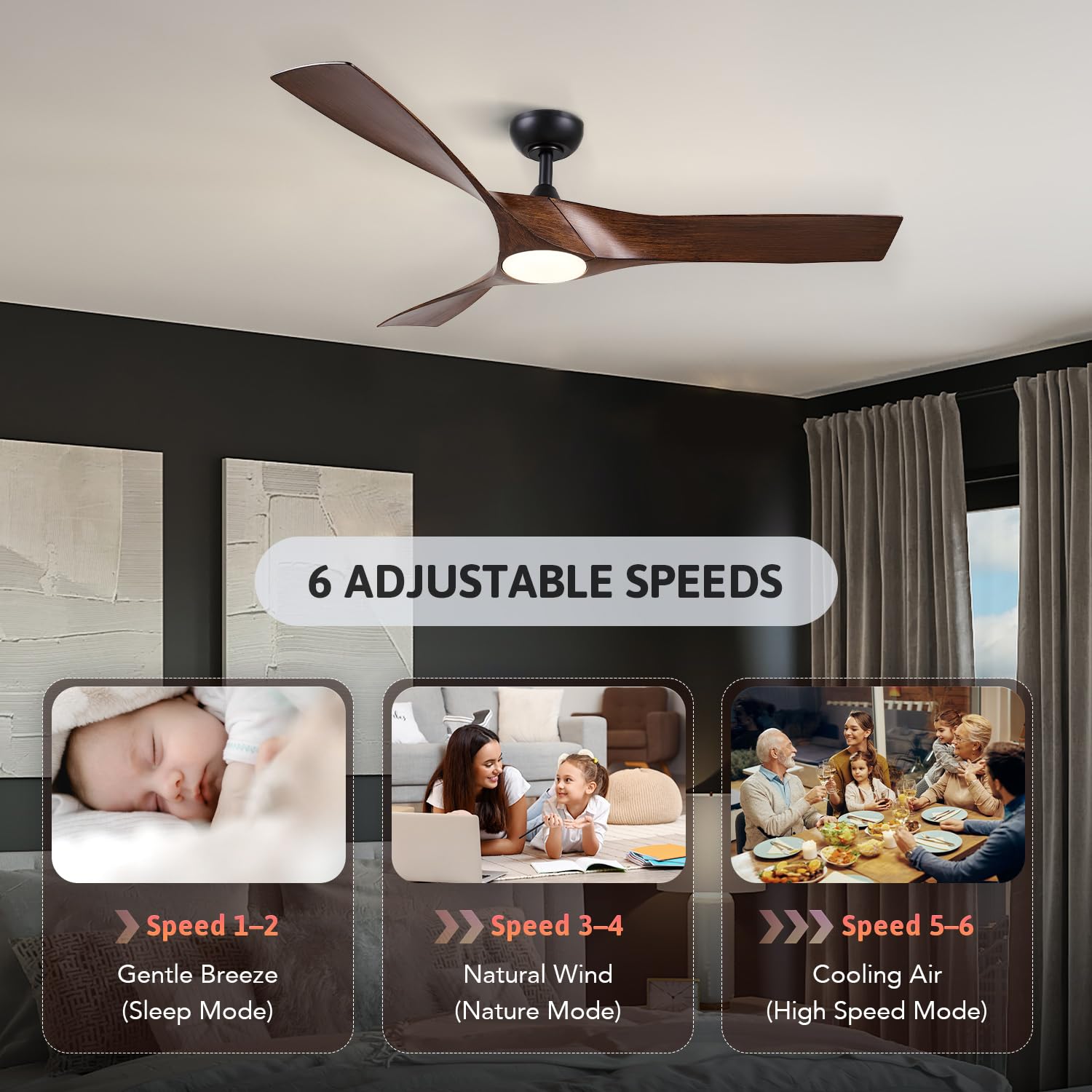 VONLUCE 52" Industrial Ceiling Fan No Light with Remote Control, Mid Century Ceiling Fans with 3 Walnut ABS Blades DC Motor, Indoor Ceiling Fan for Kitchen Bedroom Living Room, Walnut