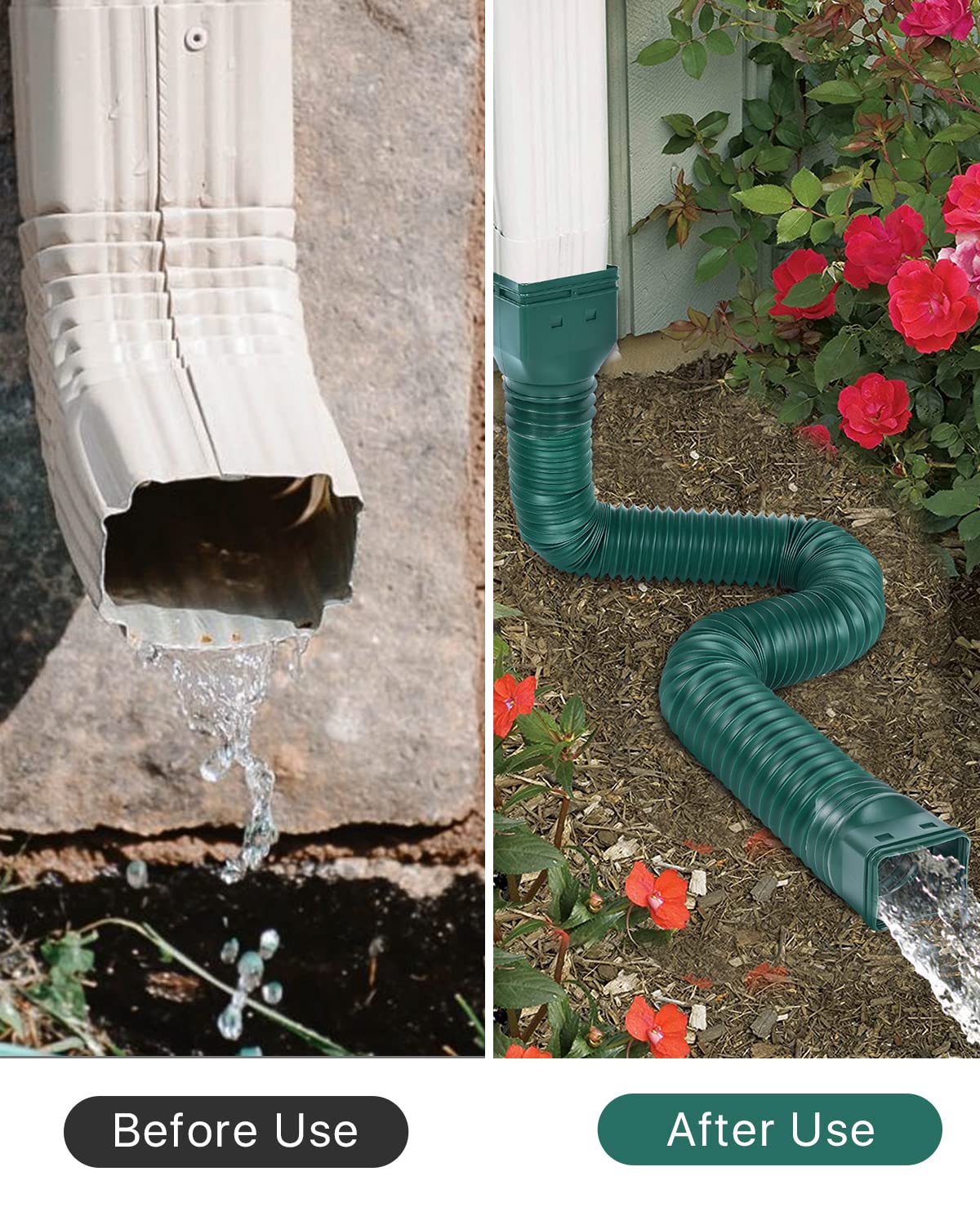 POBOMVOM Rain Gutter Downspout Extensions, 21"-60" Flexible Drain Downspout Extender, Rainwater Drainage Pipe with 4" x 3" and 3" x 2" Connectors, Screws Included (2 Packs, Green)
