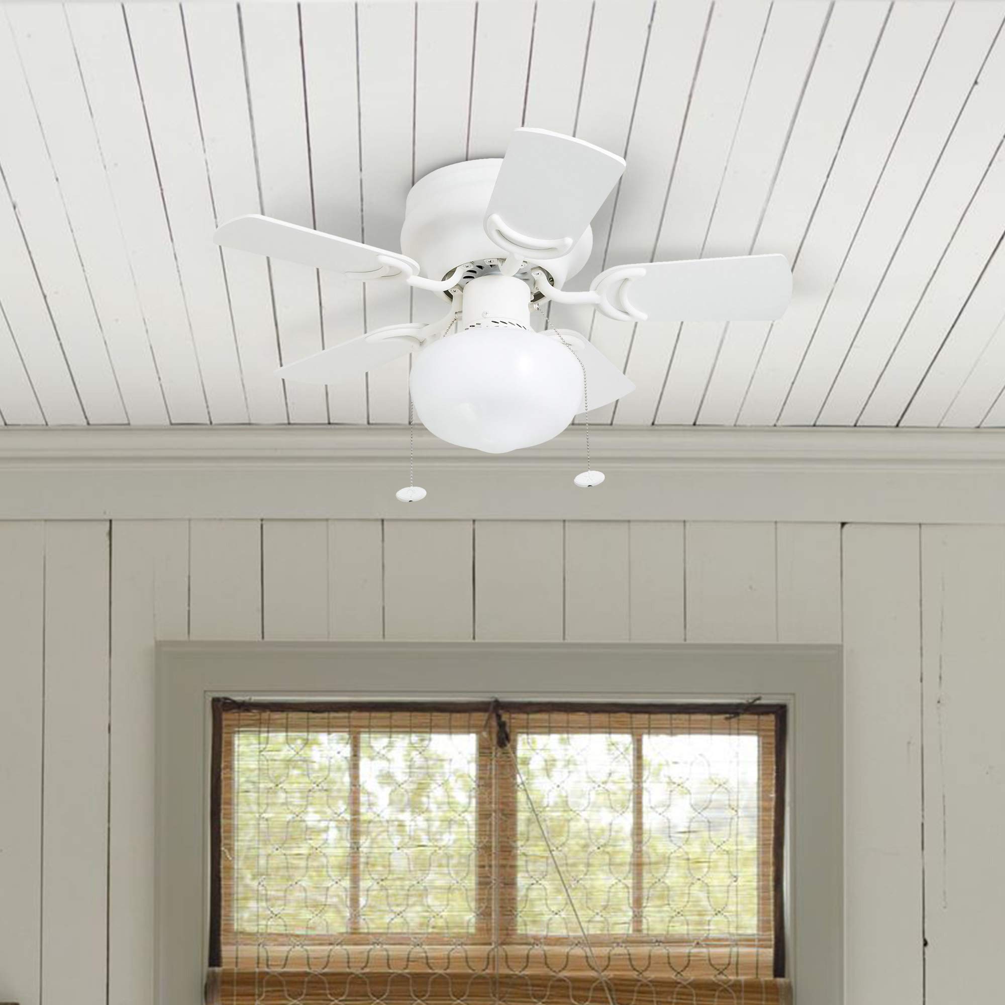 Prominence Home Hero, 28 Inch Traditional Flush Mount Indoor LED Ceiling Fan with Light, Pull Chain, Dual Finish Blades, Reversible Motor - 41530-01 (White)