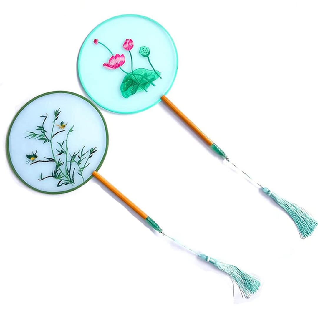 Women Dancing Embroidery Flower Handheld Wooden Handle Fan Vintage Translucent Chinese Style Round Silk Fans with Tassels