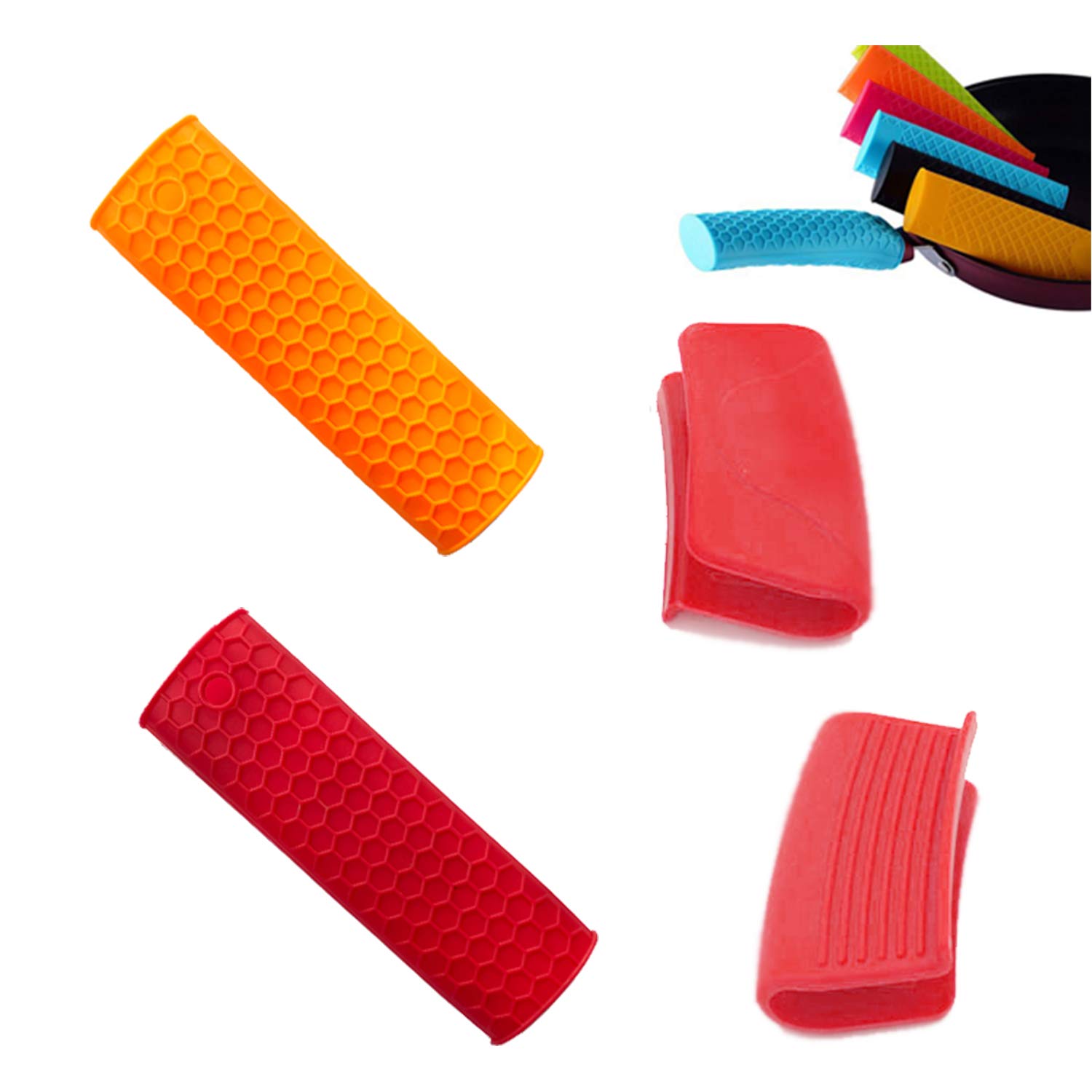 YouU 2 Pack Silicone Pot Holders and 2 Pack Silicone Hot Handle Holder Potholder Rubber Pot Handle Sleeve Heat Resistant for Cast Iron, Pans, Metal Frying Pans, Skillets, Griddles (Red)