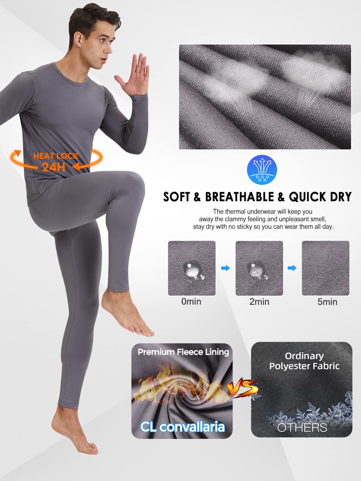 Thermal Underwear for Men, 2 Pack Long Johns Winter Long Underwear Sport Skiing Fleece Lined Base Layer Top and Bottom Set L