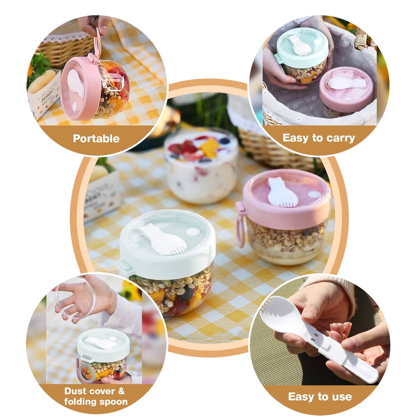 Overnight Oat Containers with Lids and Spoons 2PCS, 20oz Portable Plastic Yogurt Jars, Leak-proof Large Capacity Dessert Cups for Yogurt Breakfast On The Go Cups, Oatmeal Jars Snack Containers
