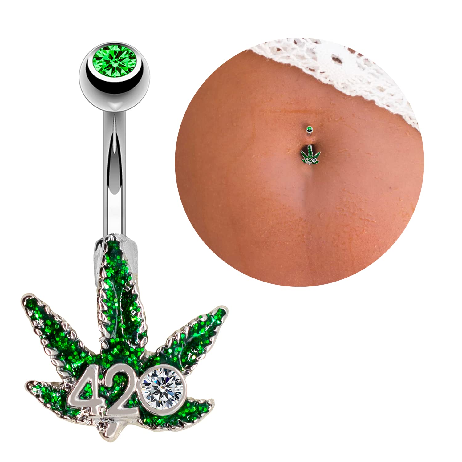 Pierce2GO 14G Belly Button Rings Surgical Steel Weed Marijuana 4/20 Belly Button Ring with CZ Stone - Belly Piercing for Women β 7/16β
