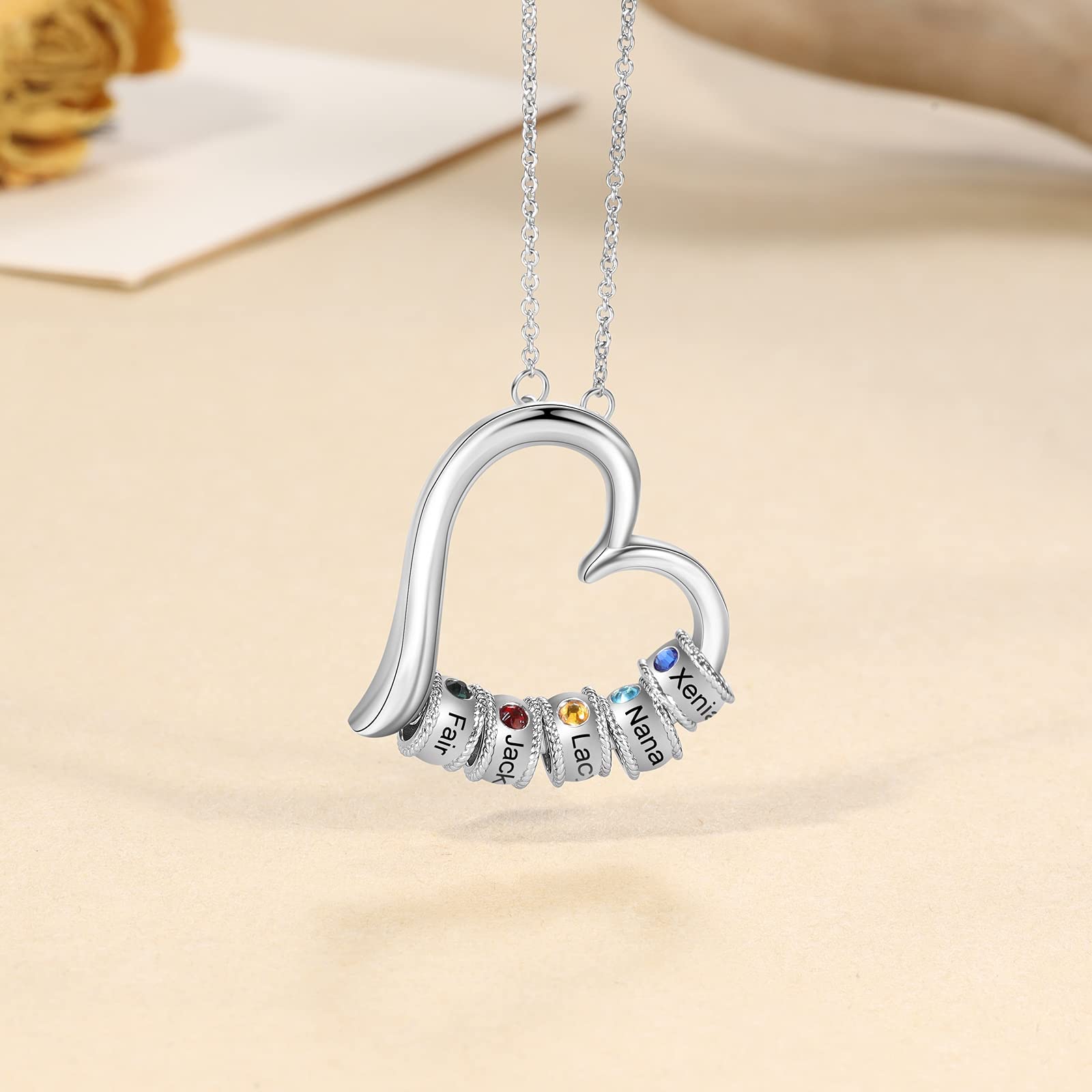 Wamantic Personalized Women's Pendant Necklace 925 Sterling Silver with 1-5 Simulated Birthstone Names Customized Heart Shape Cubic Zirconia Necklace For Christmas Gifts (5 Name&5 Stone)