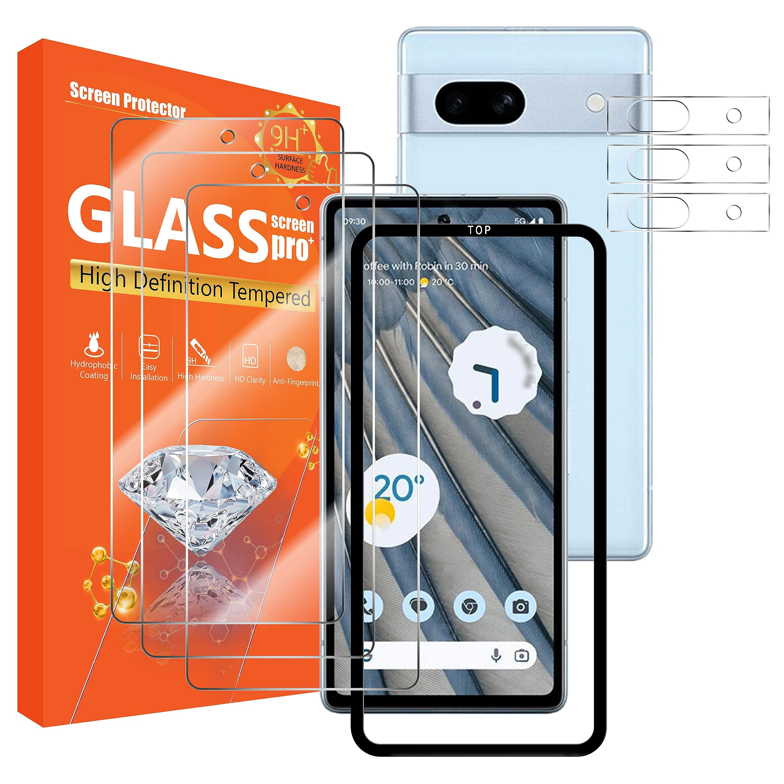Seninhi [3+3Pack] for Google Pixel 7A Screen Protector 3Pack + Camera Lens Protector 3Pack, Tempered Glass Screen Protector [With Easy Installation Frame] [9H Hardness] [Anti-Scratch] [Bubble