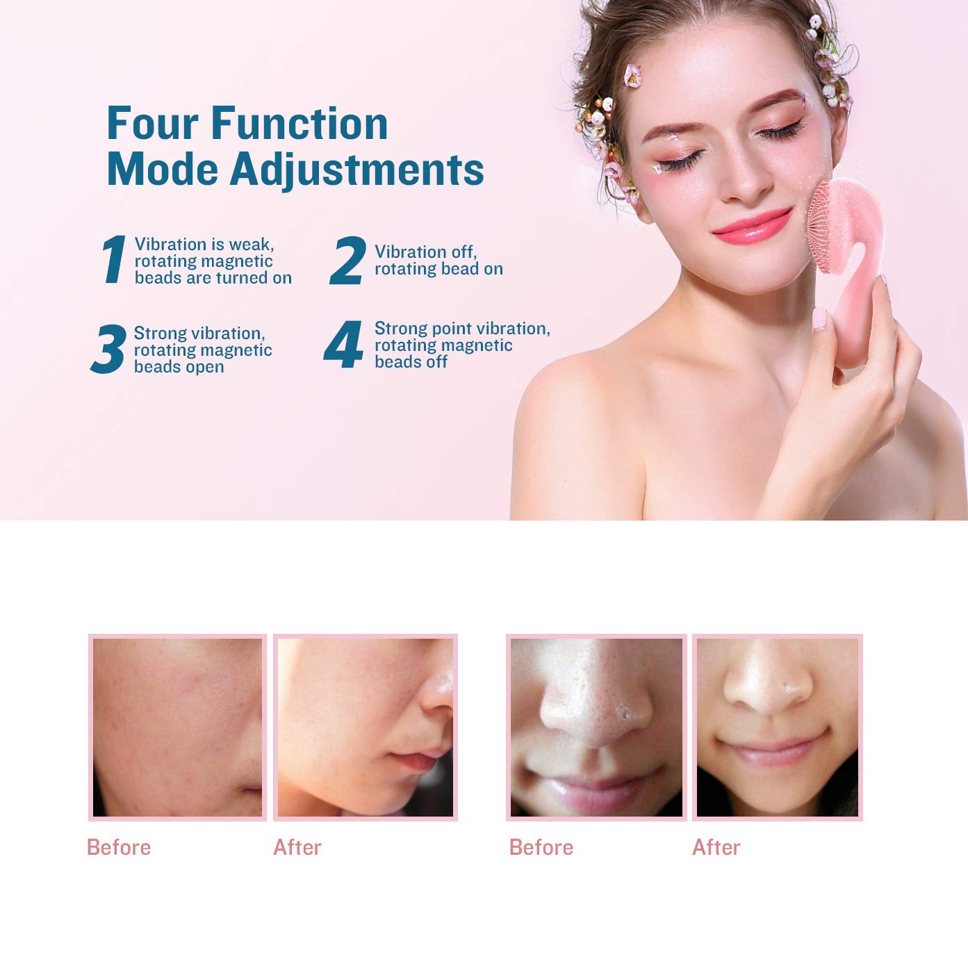 Silicone Facial Cleansing Brush,Ultrasonic Face / Body Cleanser, 4 Function Modes,Rotating Magnetic Beads,Waterproof /Rechargeable-Portable /Ergonomic Handle-Skin Rejuvenation /Cleansing