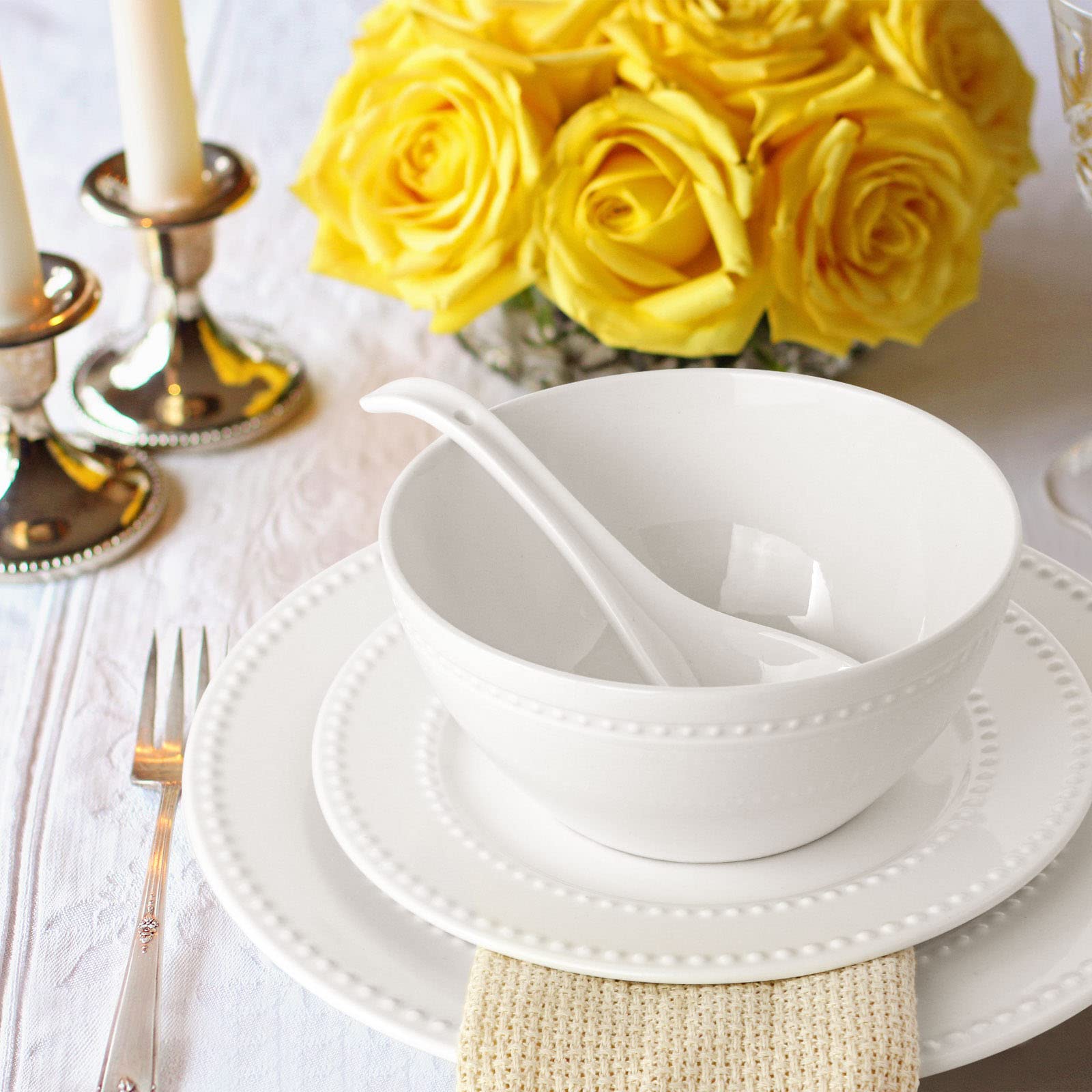 Wareland Bright White Embossed Dots Square Dessert Plates Set of 6 & 8 inch Embossed Salad Plates Set of 4