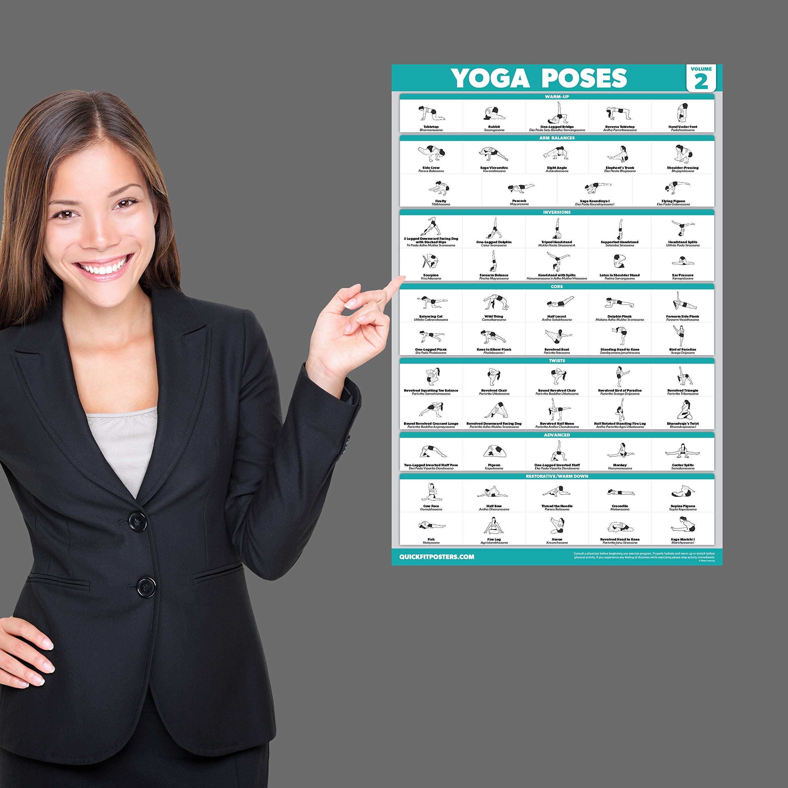 QuickFit 2 Pack - Yoga Poses Poster Set - Beginner Yoga Position Charts - Volume 1 & 2 (LAMINATED, 18" x 24")
