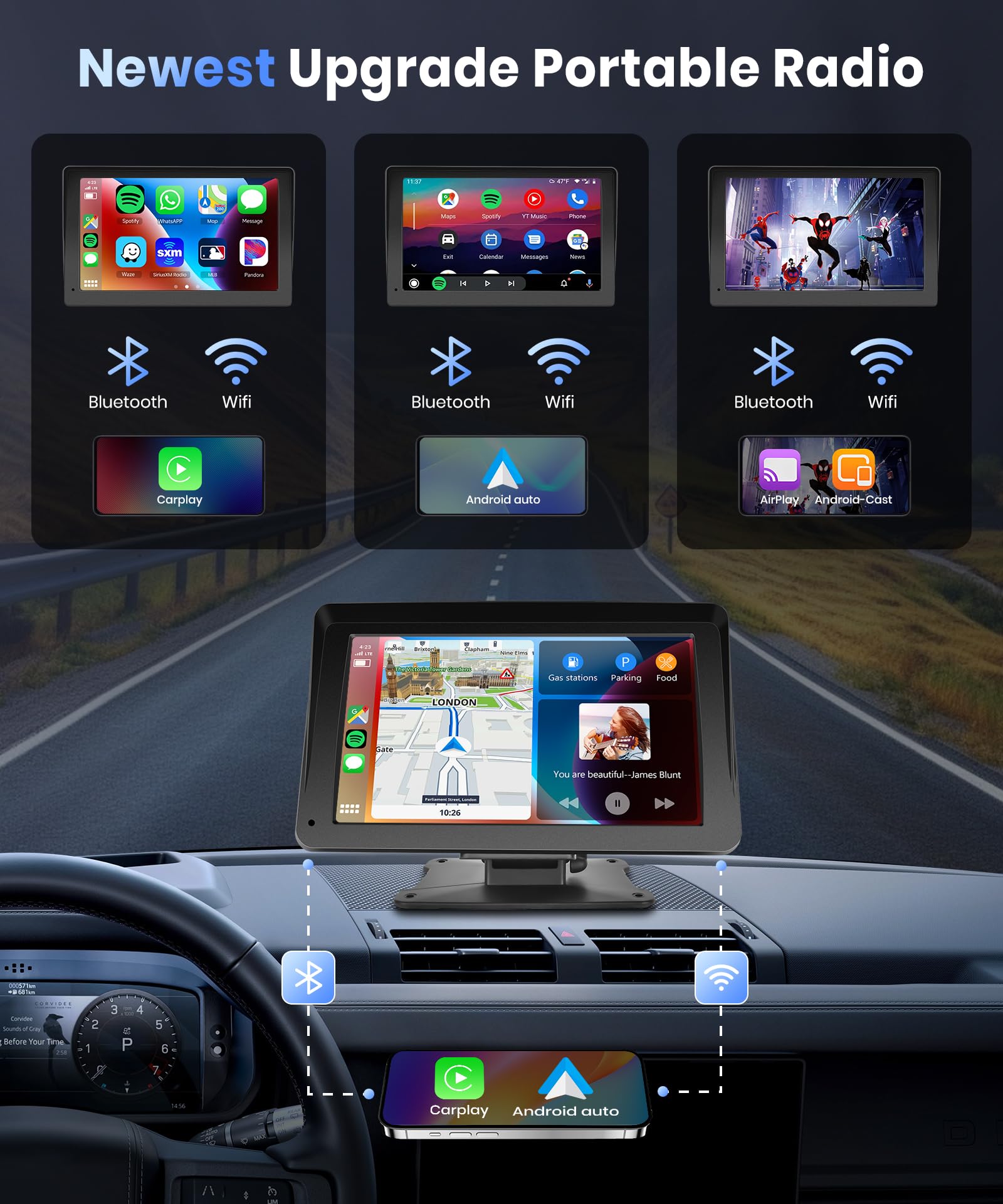 Podofo Portable Car Stereo Wireless Apple Carplay Android Auto,7 Inch Touch Screen Car Radio with Bluetooth Hands-Free/Mirror Link/Maps Navigation/Voice Control/TF Card/AUX,for Cars, Trucks, SUVs