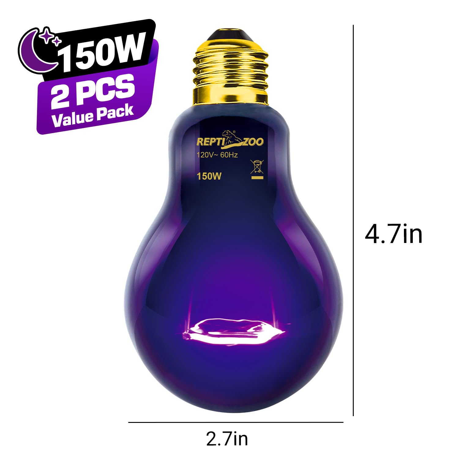 REPTIZOO 2PCS Reptile Heat Lamp, 150W Night Heat Lamp Moonlight Bulb Purple Infrared Heating Lamp Simulate Natural Moonlight Night Heat Bulb for Reptile Amphibian