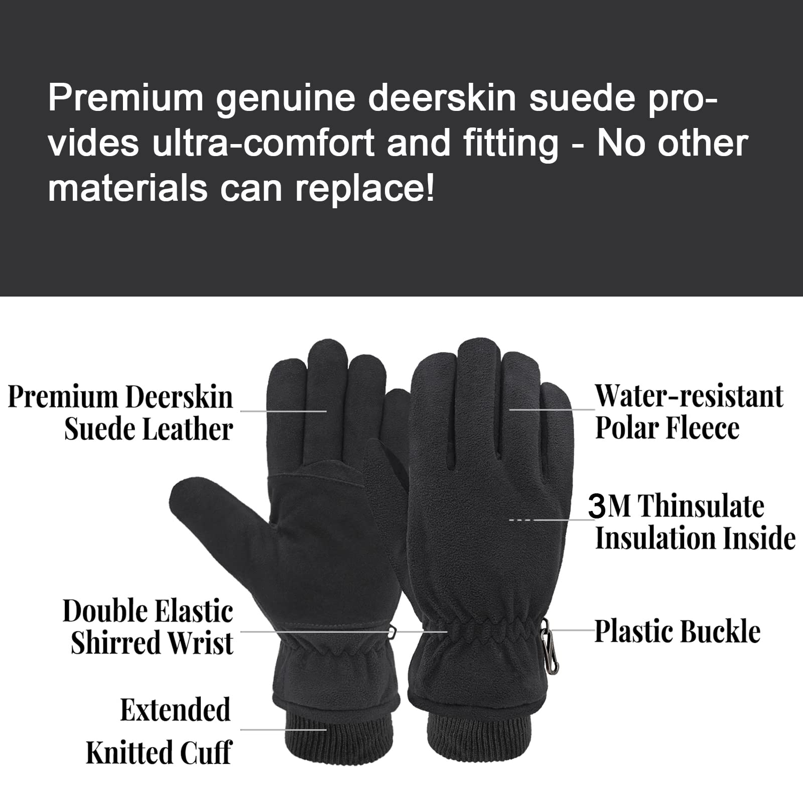 SKYDEER Winter Gloves with Premium Genuine Deerskin Suede Leather and Windproof Polar Fleece (SD8661KW/L)