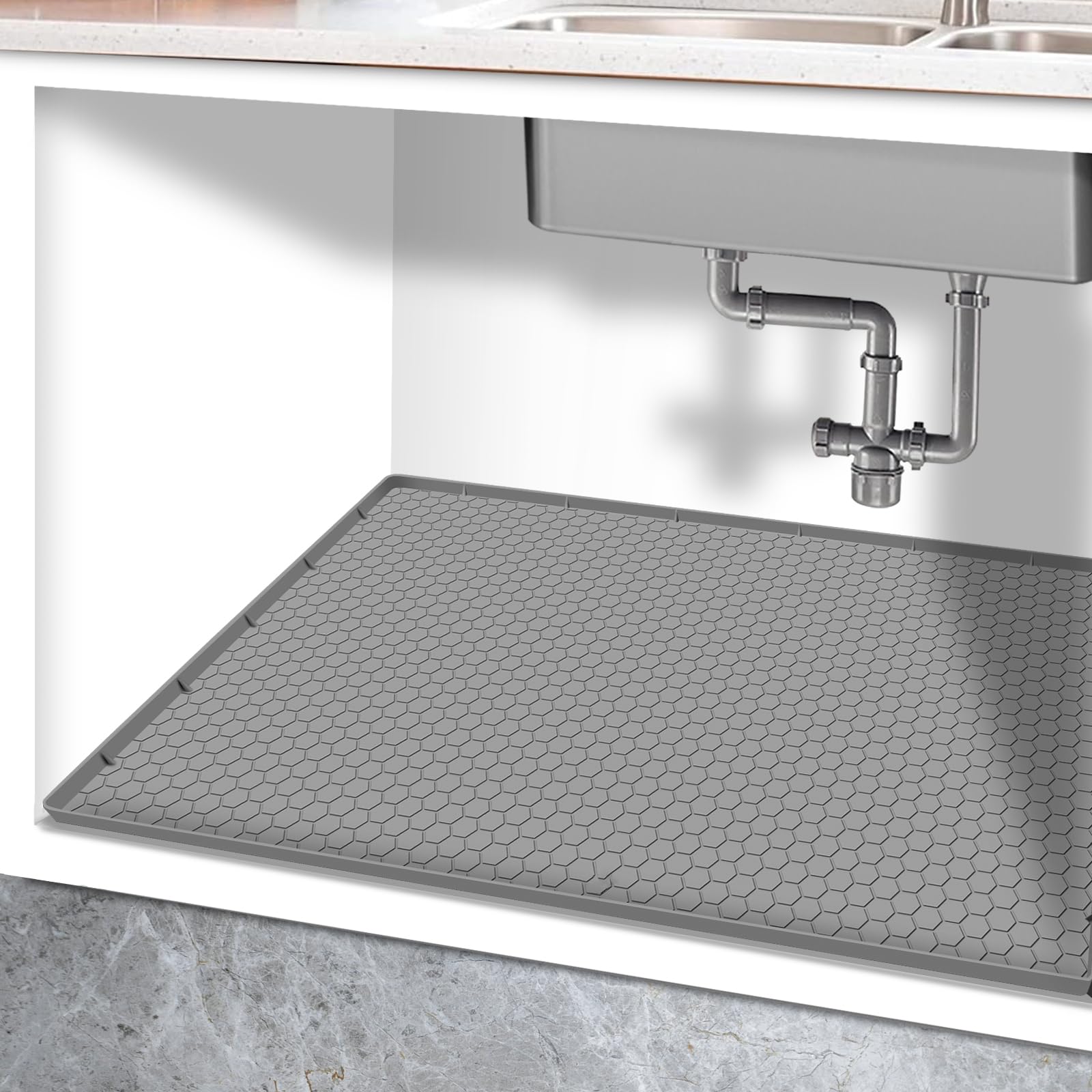 Under Sink Mat Under the Sink Cabinet Protection Mat Sink Mats for Kitchen 34"x22" Flexible Rubber Mat Cabinet Liner Drip Tray with Lips for Leaks Waterproof