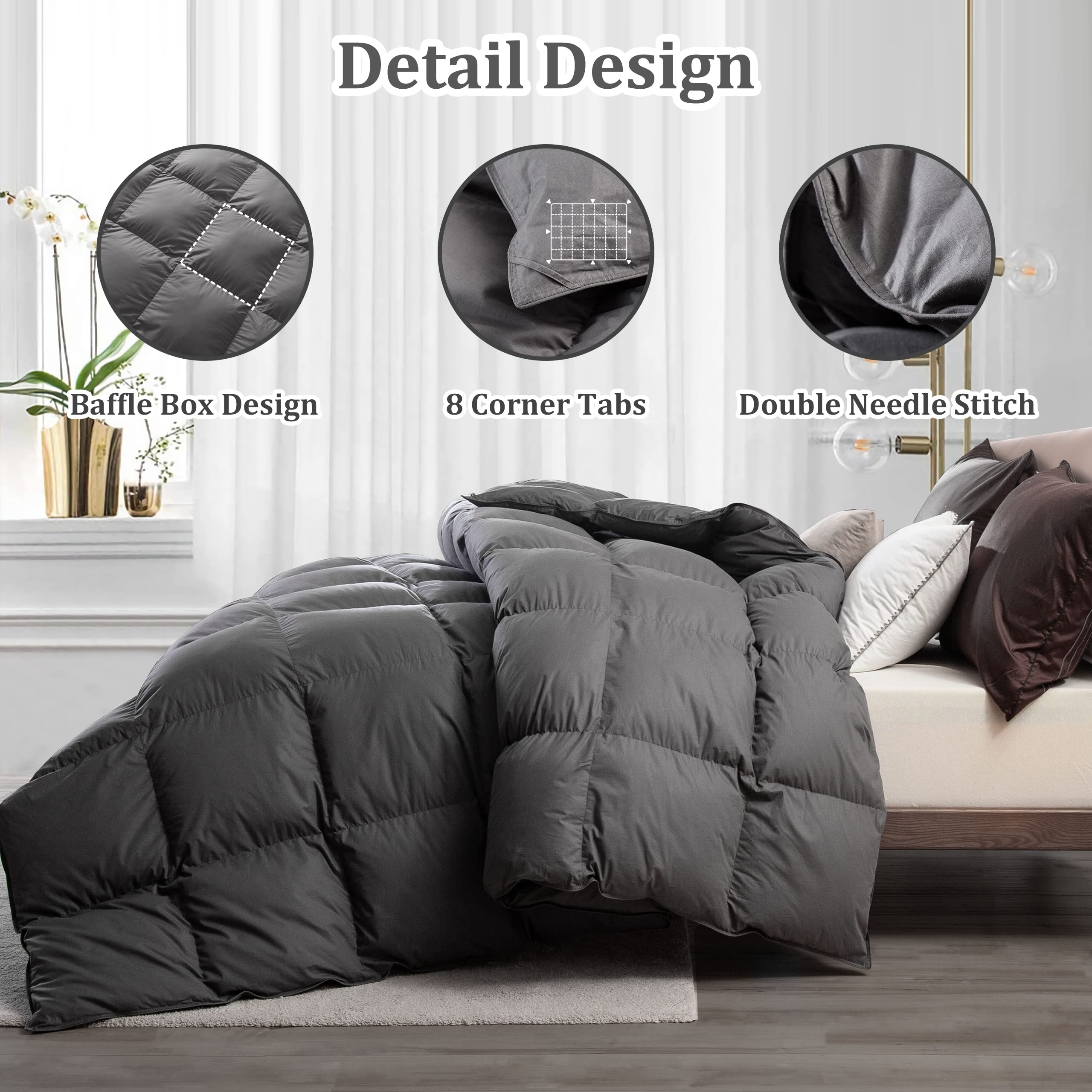 Ousidan Goose Down and Feather Fiber Bedding Comforter King Size Soft Duvet Insert with Cotton Fabric Baffle Box Stitching Comforter Grey,80x90Inches … …
