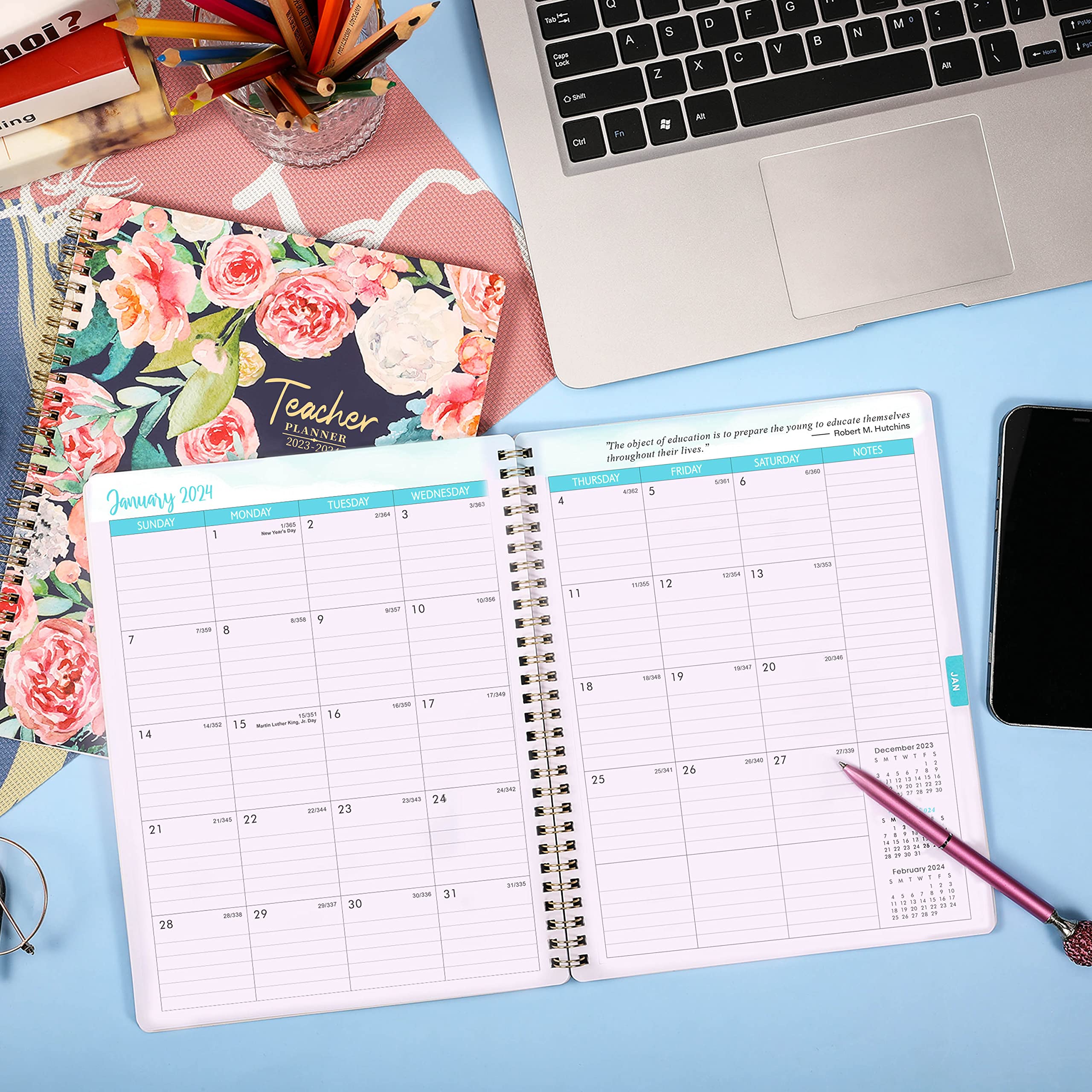 Teacher Planner 2023-2024 - 2023-2024 Teacher Planner, Academic Planner 2023-2024 from July 2023 to June 2024, 8" x 10", Teacher Lesson Plan Book with Quotes, Strong Twin-wire Binding - Floral