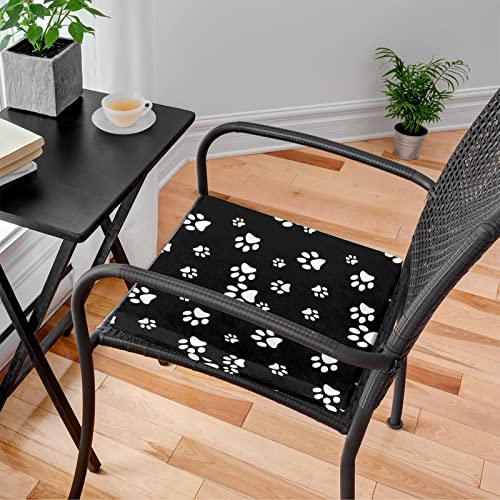 White Dog Puppy Paw Print Square Seat Cushion Non Slip Durable Chair Cushion Pads for Dining Room, Office, Kitchen, Sofa, Floor, Outdoor, Patio Chairs Decorative