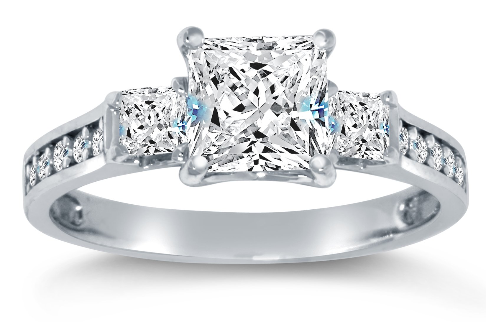 Size 7 - Solid 925 Sterling Silver CZ Cubic Zirconia 3 Three Stone Engagement Ring - Princess Cut Solitaire with Round Side Stones (1.75cttw., 1.5ct. Center) - With Elegant Velvet Ring Box
