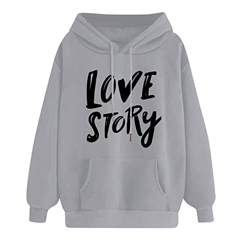 Womens Oversize Valentines Hoodie Love Graphic Drawstring Hooded Pullover Sweatshirts Long Sleeve Tops with Pocket
