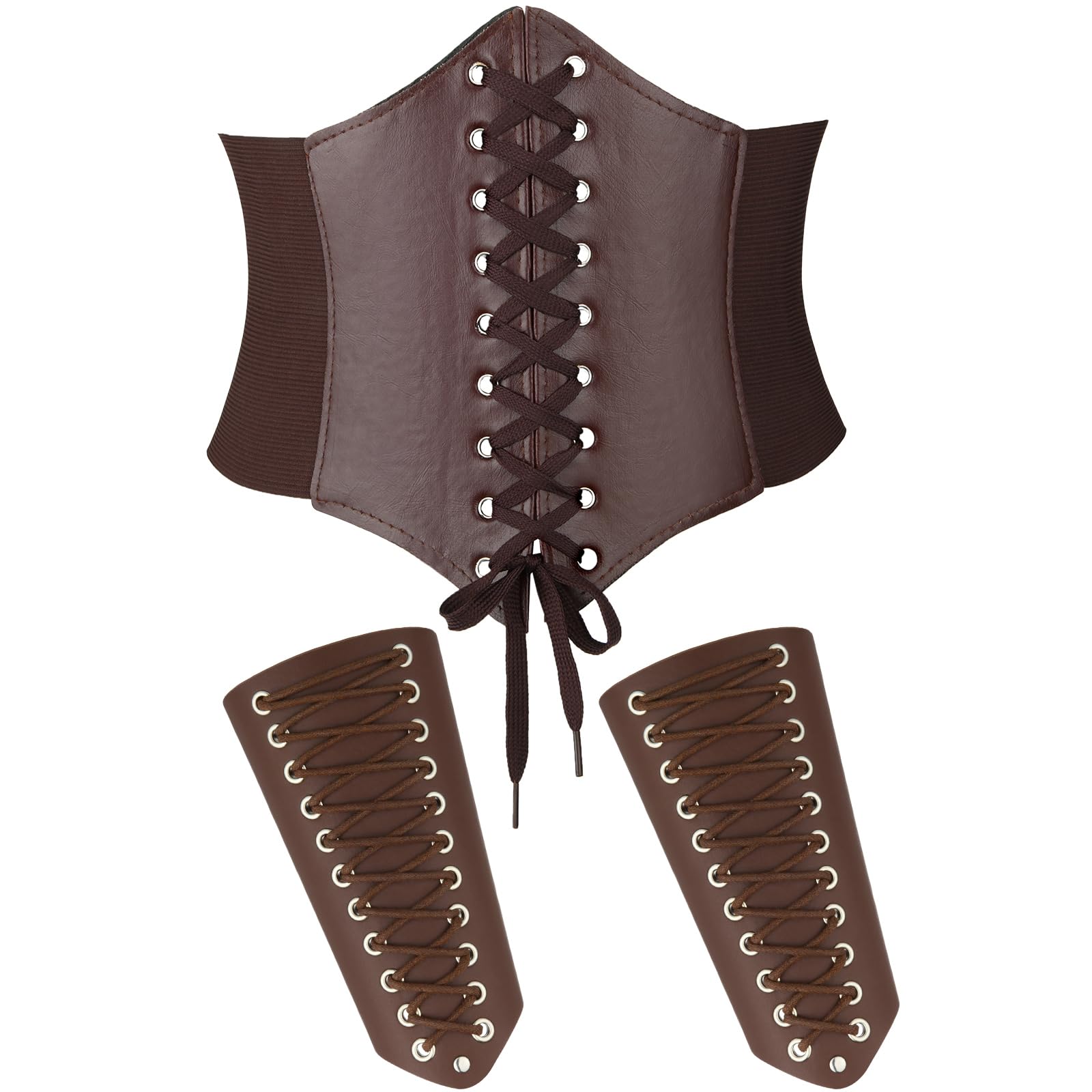 SATINIOR 3 Pieces Women Renaissance Corset Belts with Leather Gauntlets Stretch Elastic Belt for Halloween Women Costume(Brown,Medium)