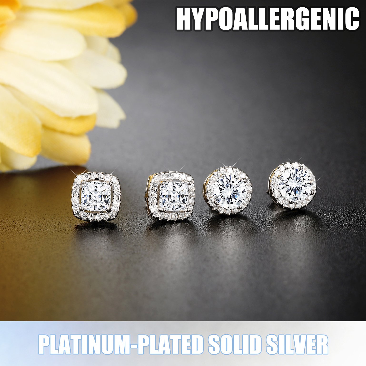 Sllaiss 925 Sterling Silver Cubic Zirconia Halo Stud Earrings for Women Round & Square Cut CZ Earrings Set
