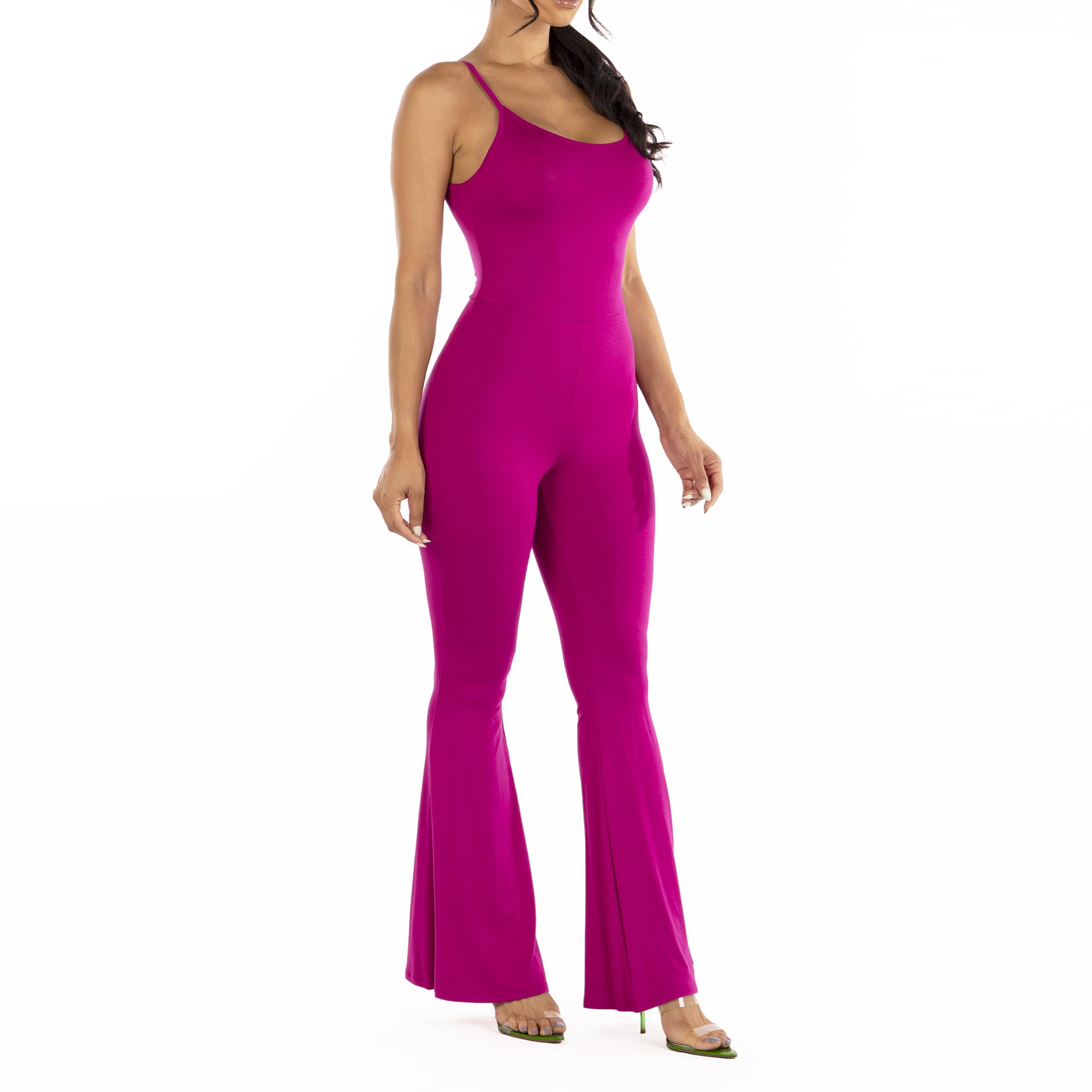 OFENTI Sleeveless Flared Leg Bodycon Jumpsuit with Adjustable Strap - Full Length Unitard Bell Bottom One Piece Jumpsuit Magenta X-Small
