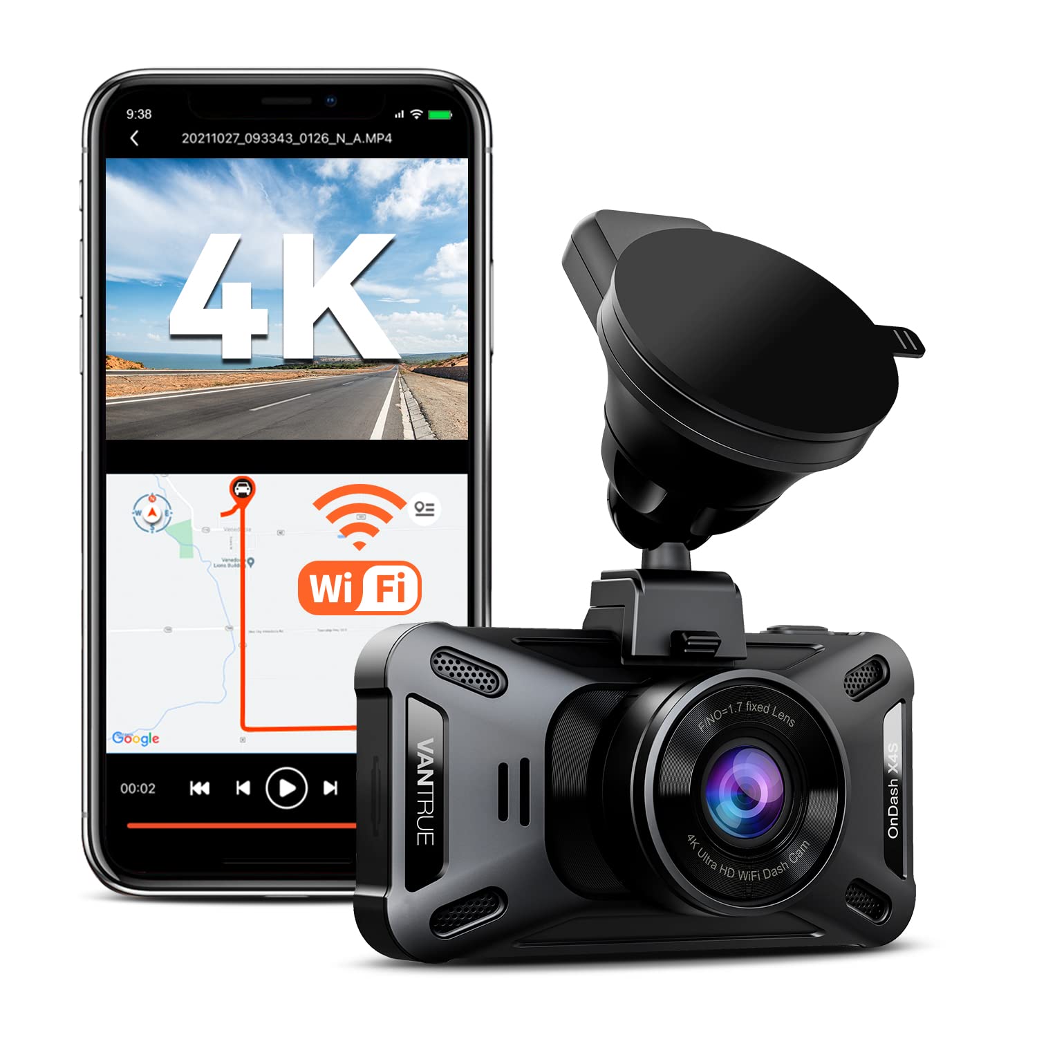Vantrue X4S Real 4K 5G WiFi Dash Cam, 2160P Car Camera with Free App, 24/7 Parking Mode, Night Vision, Optional GPS, Motion Detection, Collision Detection, 1080P@120FPS, Capacitor, Support 512GB Max