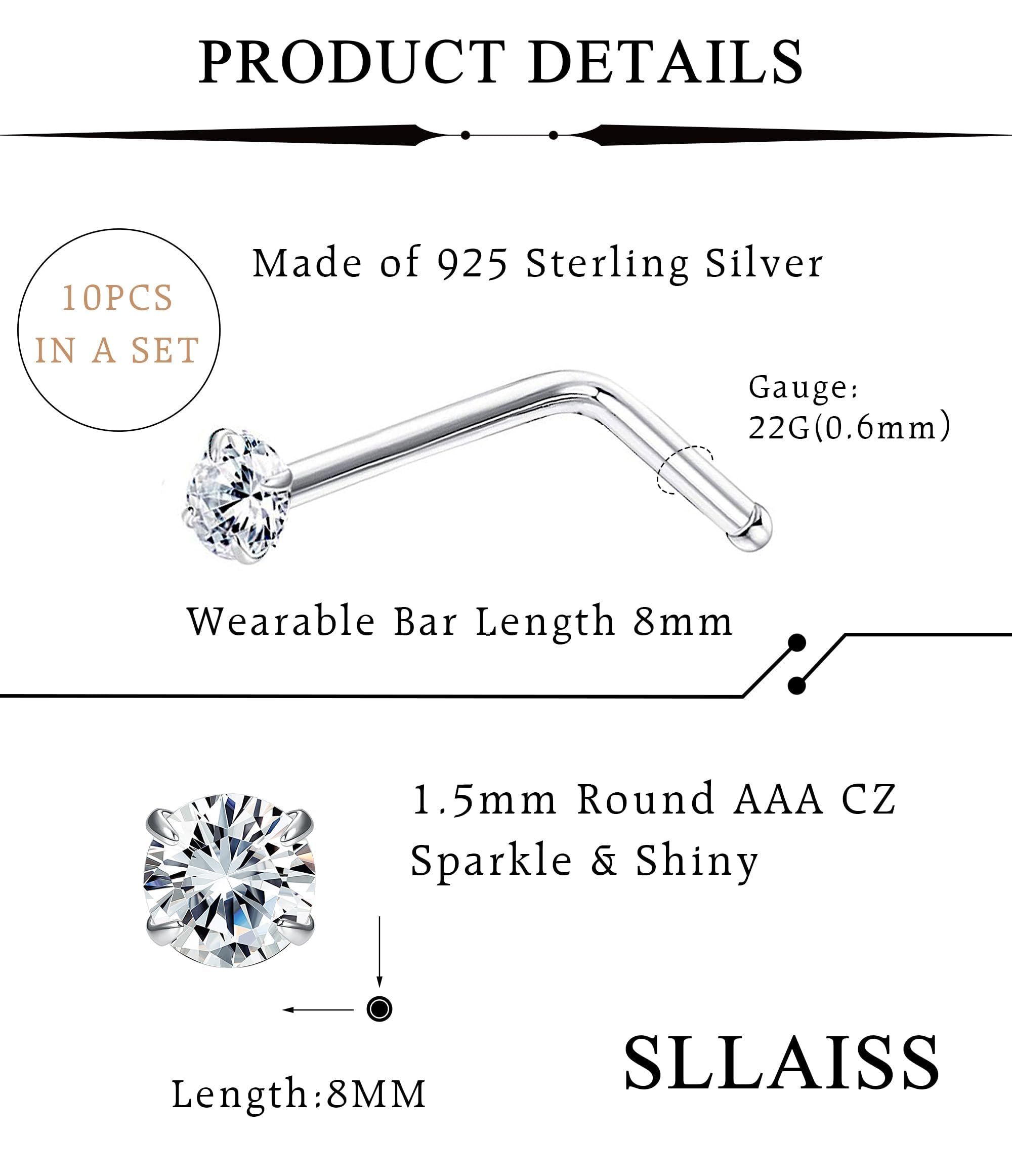 Sllaiss 10Pcs 22G Sterling Silver Small L Shape Nose Ring Studs for Women Mens Czech Crystal Curved Nose Piercings Set Body Jewelry Hypoallergenic 1.5mm