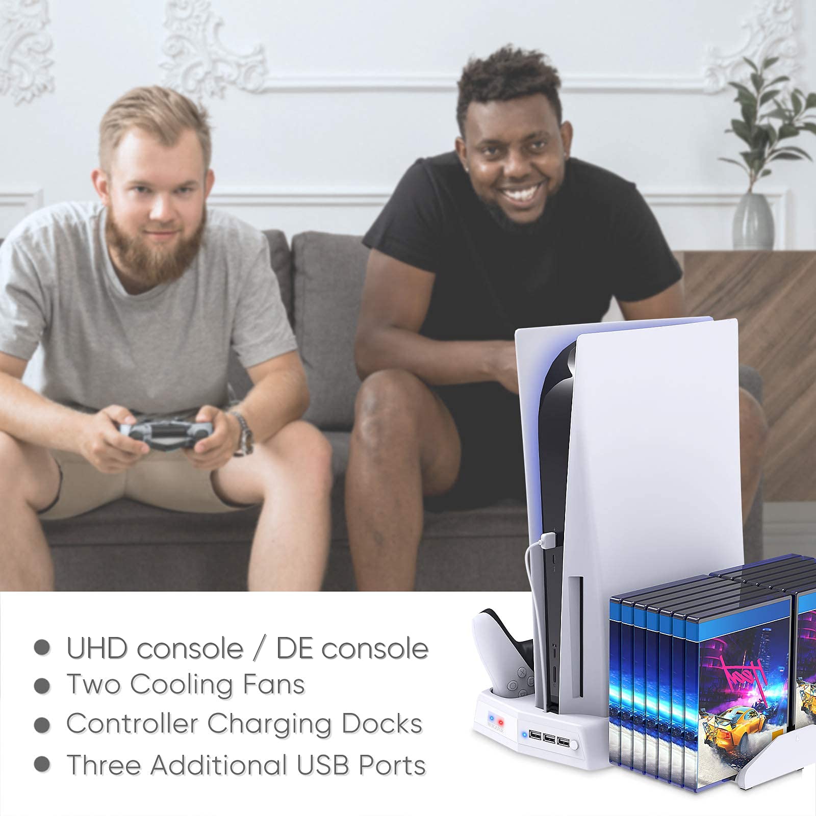 Vertical Stand for PlayStation 5 with Cooling Fan Charging Station for PS5 Digital Edition/Ultra HD Console with Controller Charger Game Rack Storage Organizer USB Ports for PS5 and DualSense-White