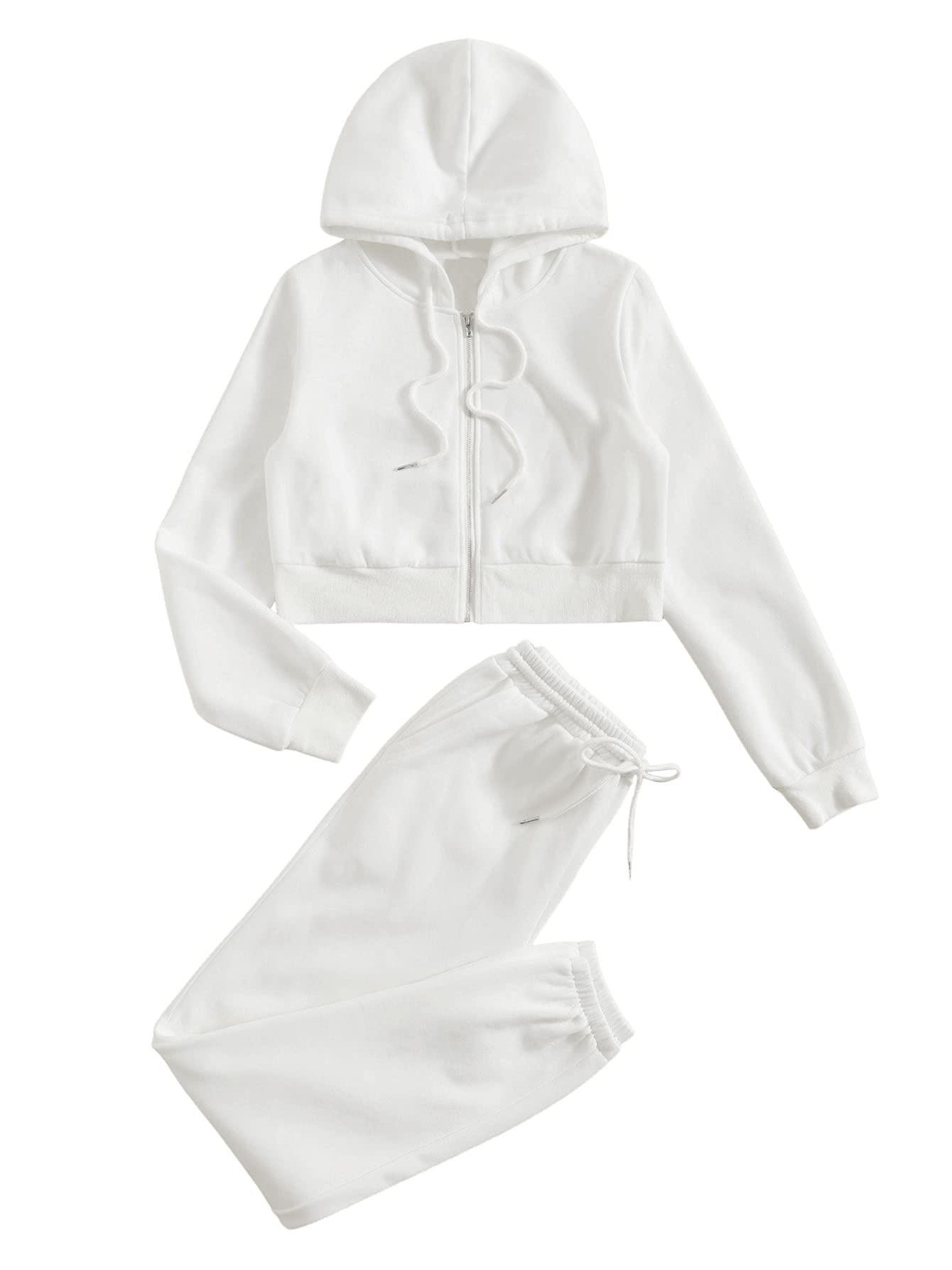 SweatyRocks Women's 4 Piece Outfits Long Sleeve Drawstring Zip Up Crop Hoodie Top and Pants Set White M